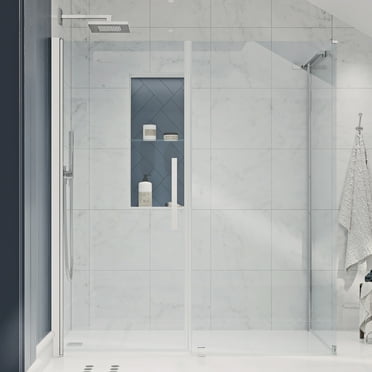 DreamLine French Corner 36 in. D x 36 in. W x 74 3/4 in. H Sliding Shower Enclosure in Satin ...
