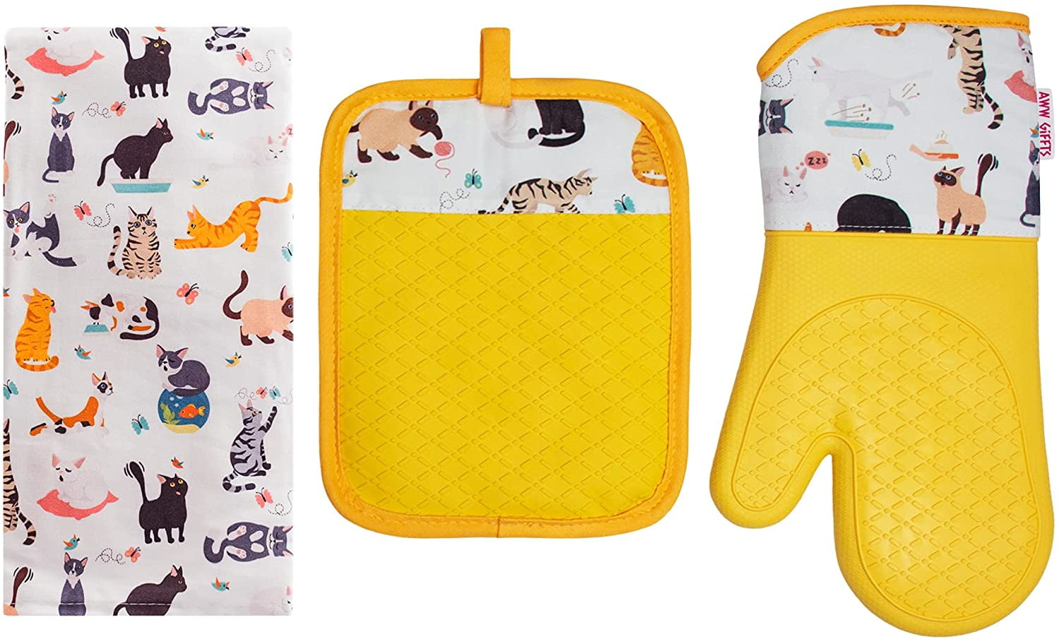 Oven Mitt and Potholder Kitchen Set - 3 Piece Frisky Cats at Play ...