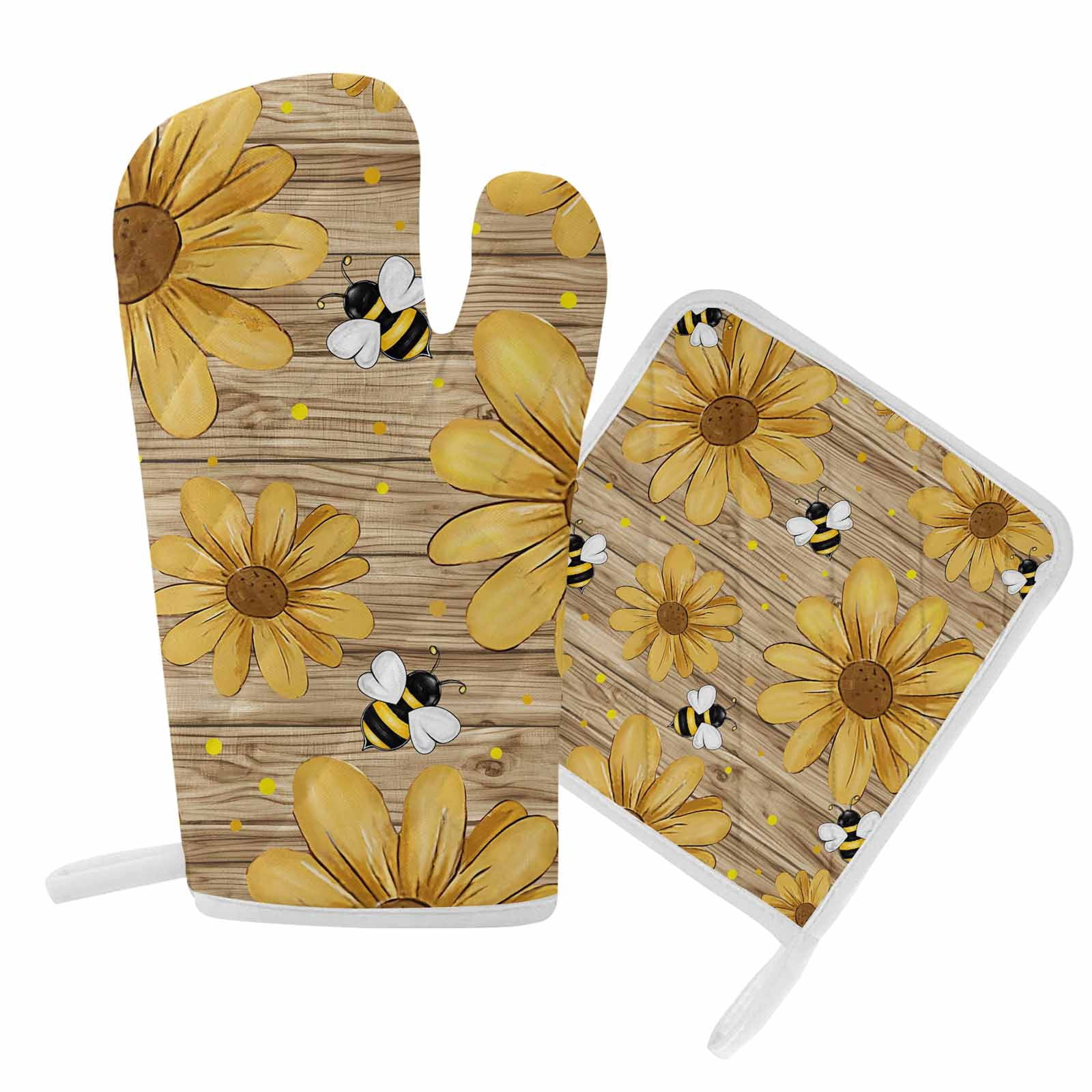 Oven Mitts and Pot Holder Set for Kitchen, Yellow Daisy Floral Kitchen ...