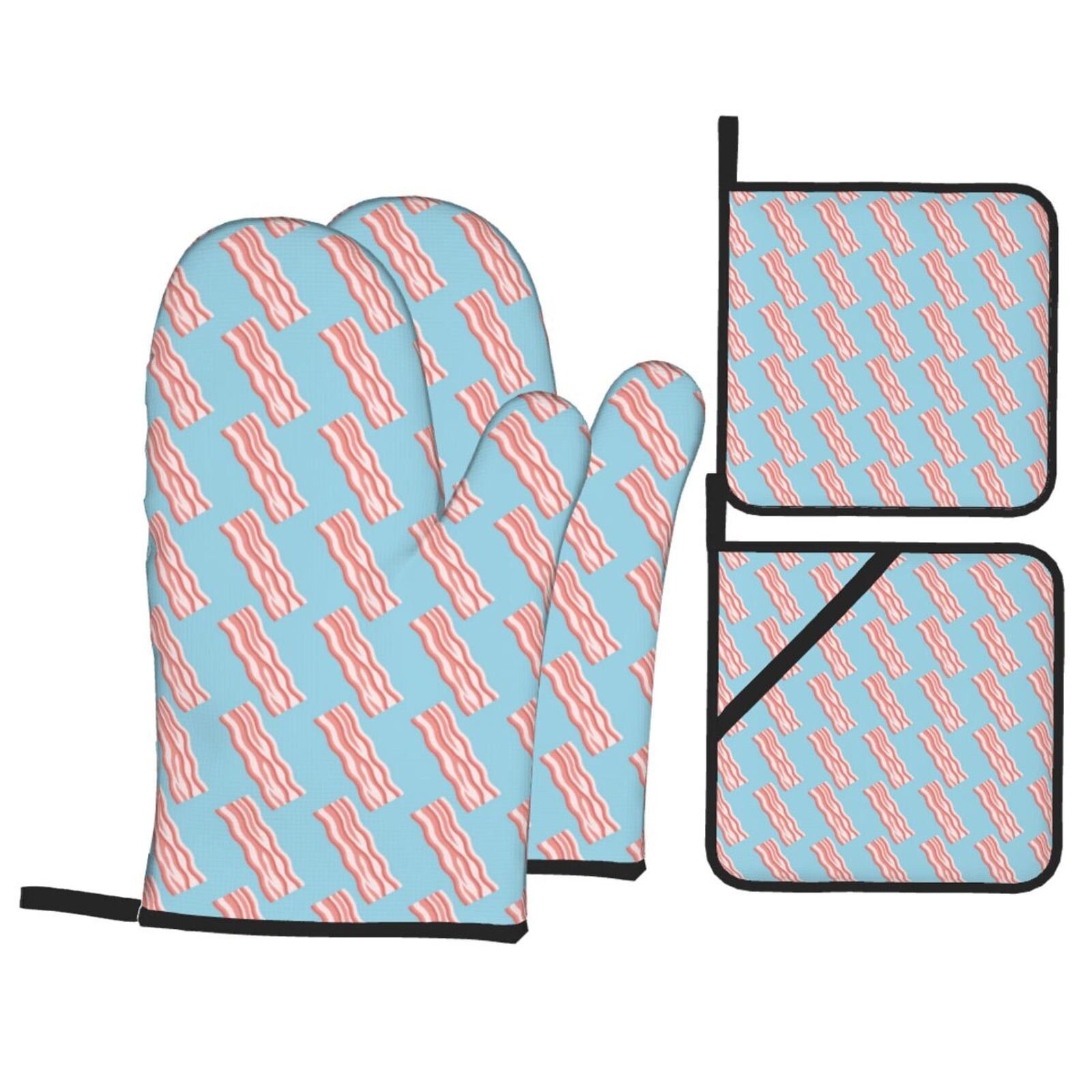 Oven Mitts and Pot Holders 4 Piece, Bacon Print Light Blue High Heat ...