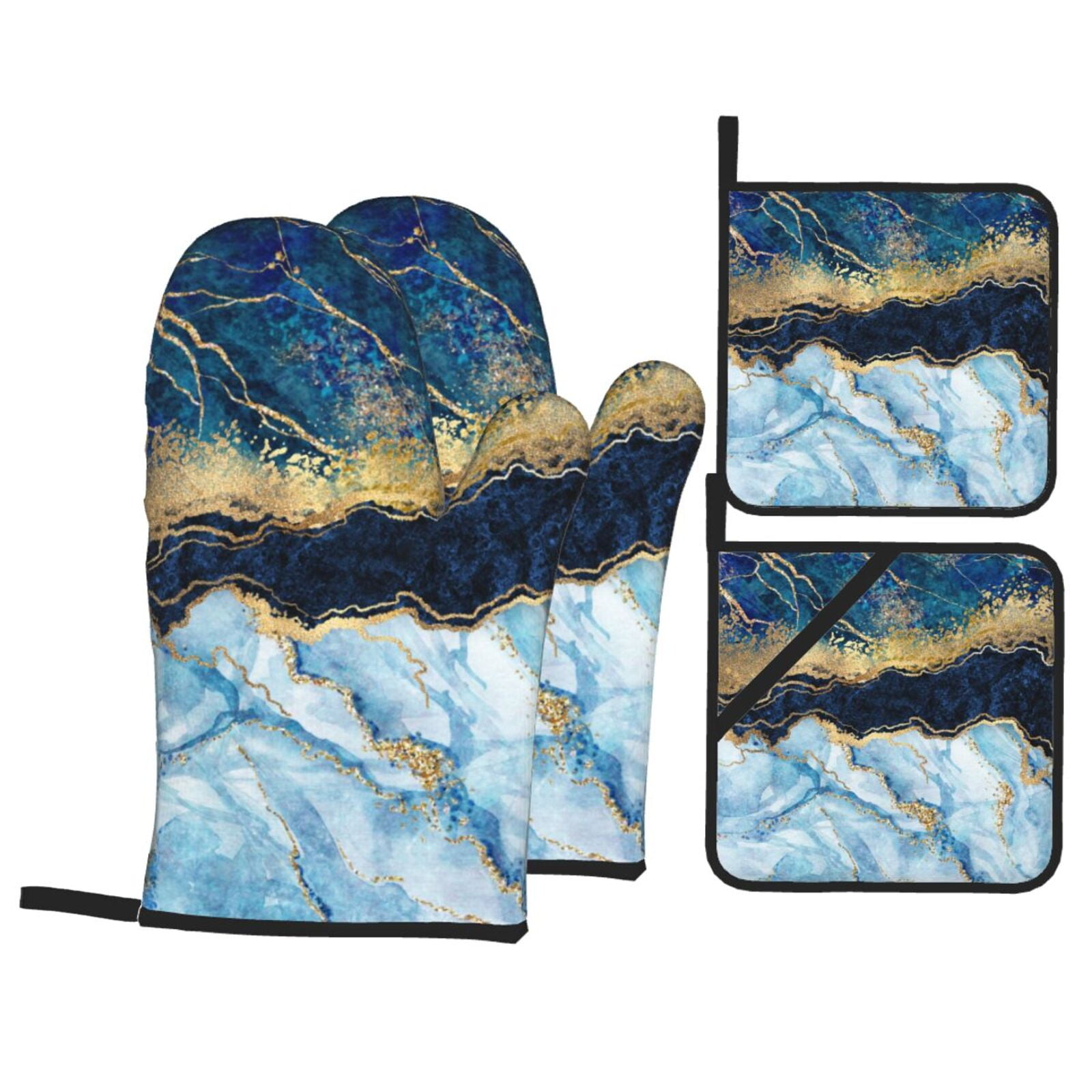 Oven Mitts and Pot Holders 4 Piece, Blue Marble Gold Foil Glitter Decor ...