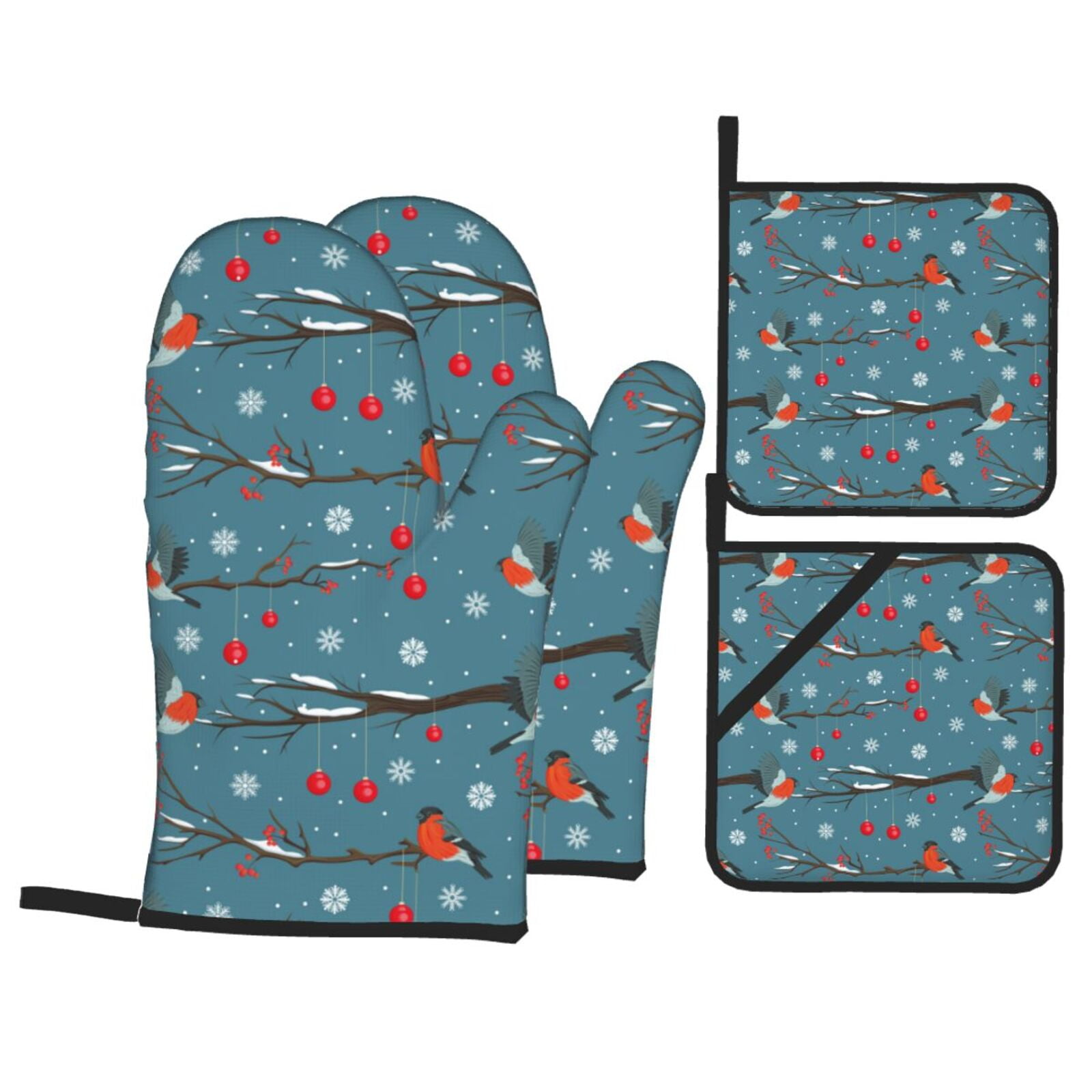 Oven Mitts and Pot Holders 4 Piece, Bullfinches Branches And Balls High ...
