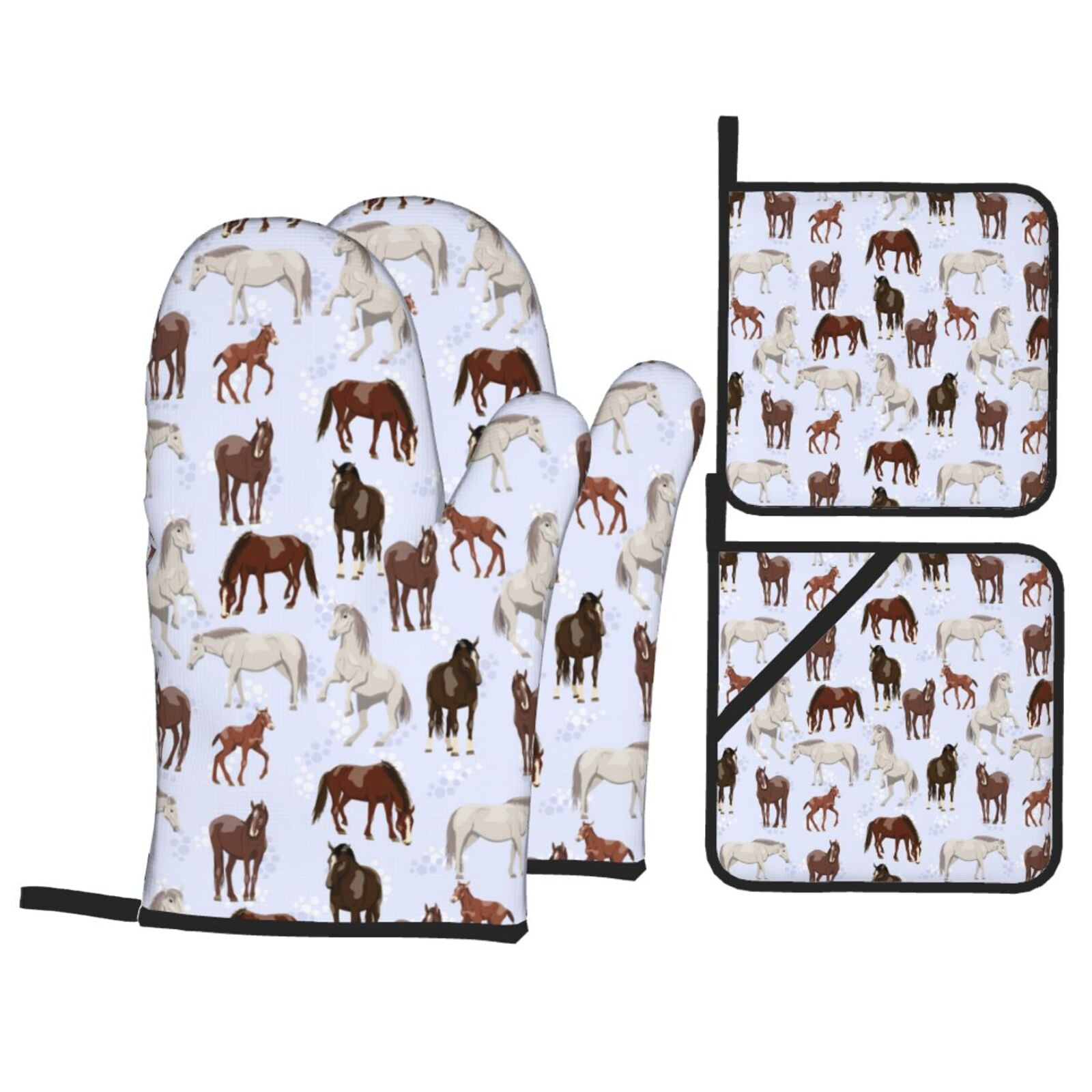 Oven Mitts and Pot Holders 4 Piece, Cartoon Cute Funny Horse High Heat ...