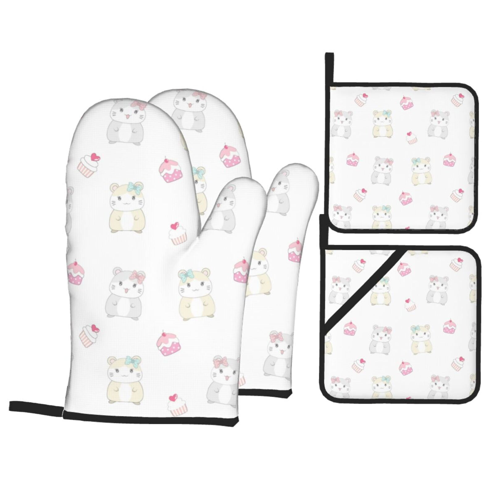 Oven Mitts and Pot Holders 4 Piece, Cartoon Cute Hamster Cake High Heat ...