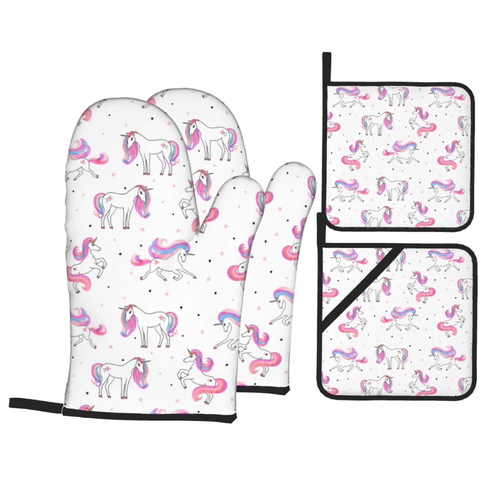 Oven Mitts and Pot Holders 4 Piece, Cartoon Cute Horse_C High Heat Slip ...