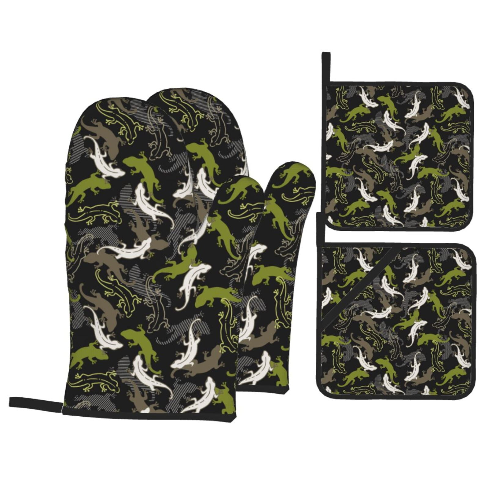 Oven Mitts and Pot Holders 4 Piece, Cartoon Cute Lizard Gecko Green ...