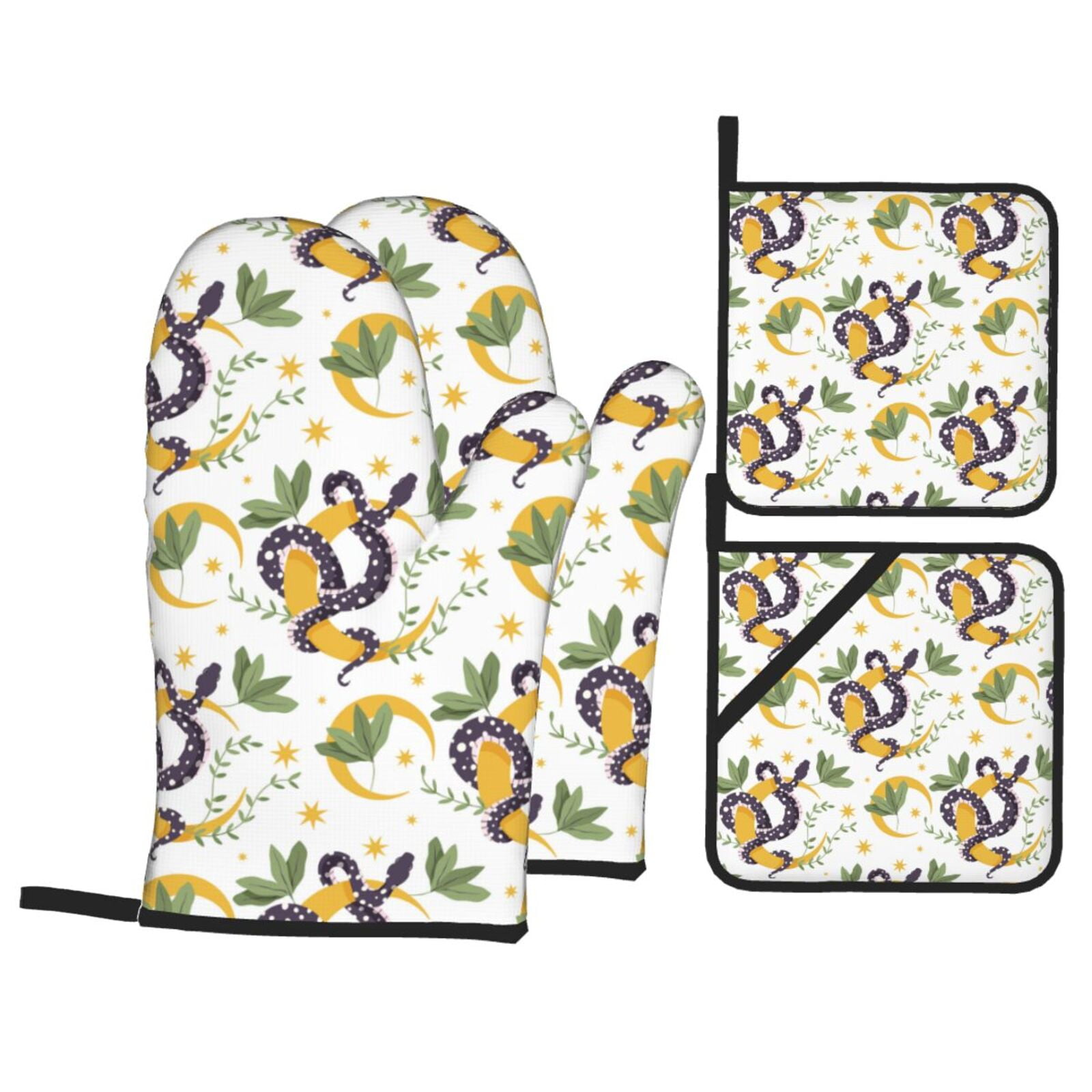 Oven Mitts and Pot Holders 4 Piece, Cartoon Cute Snake Plant High Heat ...