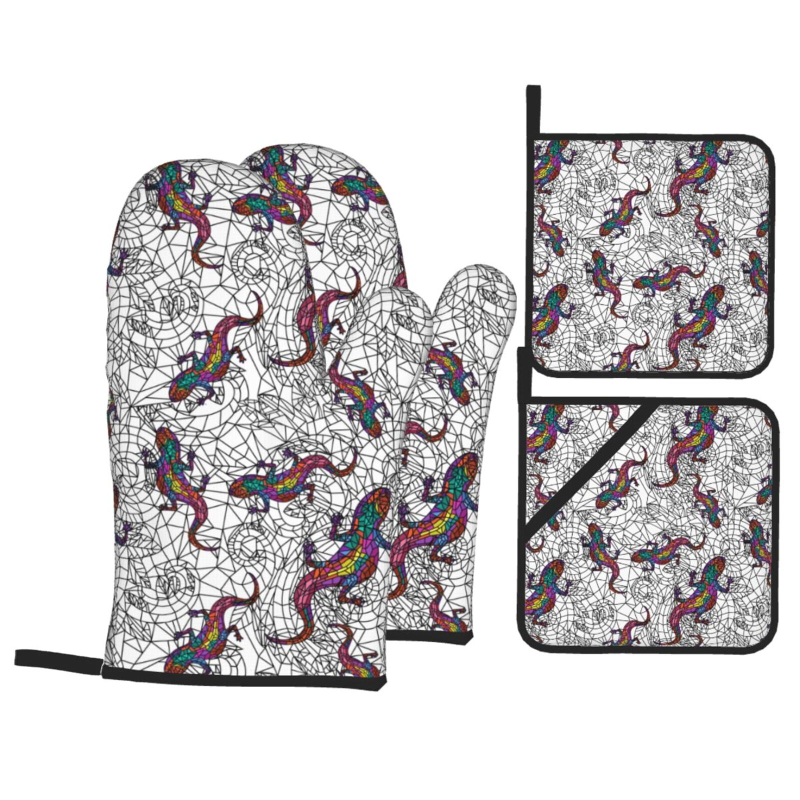 Oven Mitts and Pot Holders 4 Piece, Colorful Lines Lizard Gecko High ...
