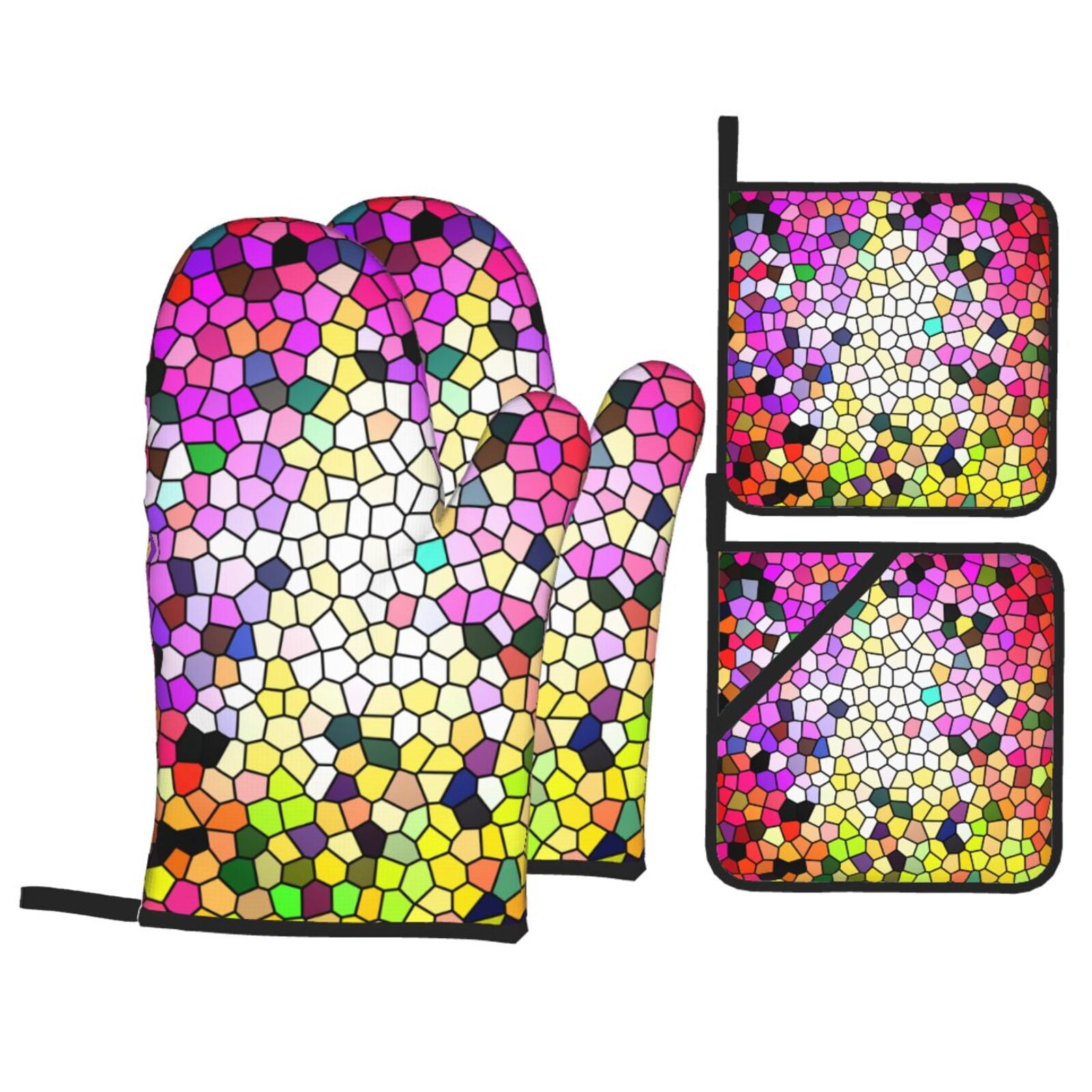 Oven Mitts and Pot Holders 4 Piece, Colorful Tie Dye Stained Glass A ...