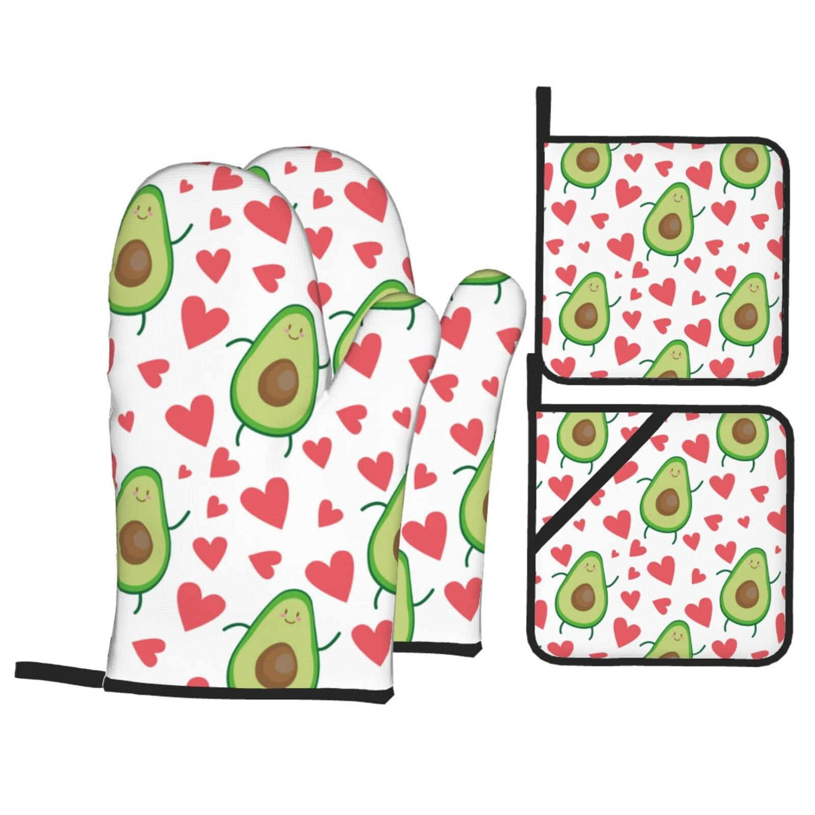 Oven Mitts and Pot Holders 4 Piece, Cute Avocado Love High Heat Slip ...