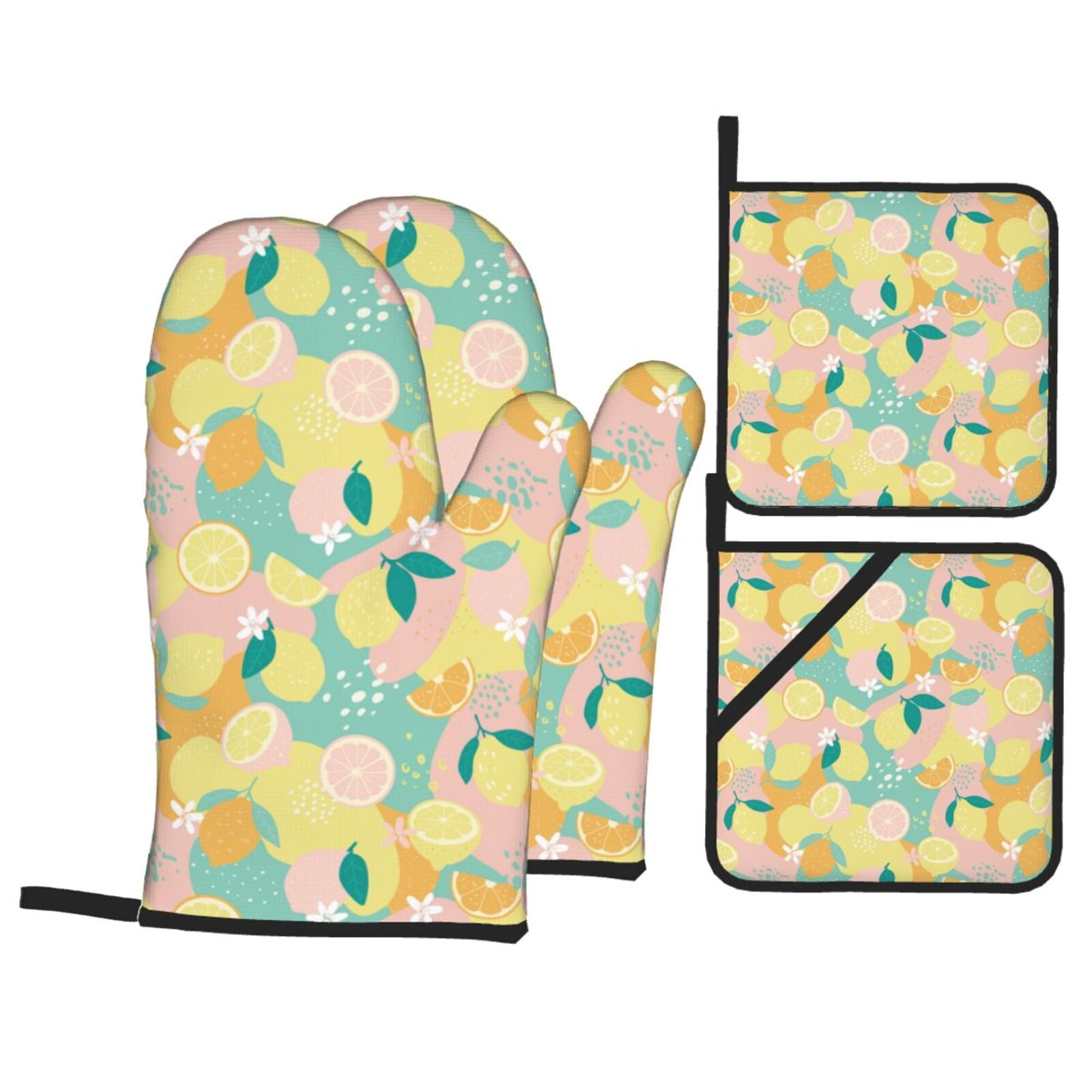Oven Mitts and Pot Holders 4 Piece, Cute Lemon Pink Blue Yellow High ...