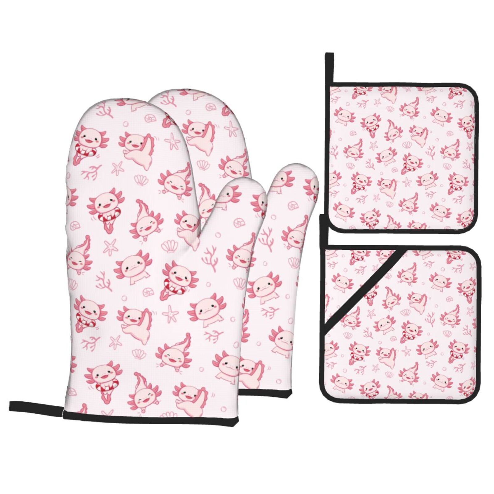 Oven Mitts and Pot Holders 4 Piece, Cute kawaii pink axolotl funny High ...