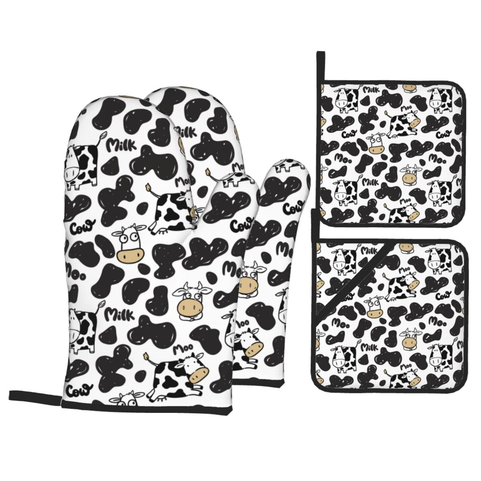 Oven Mitts and Pot Holders 4 Piece, Edgy Cartoon Cute Cow Black White ...