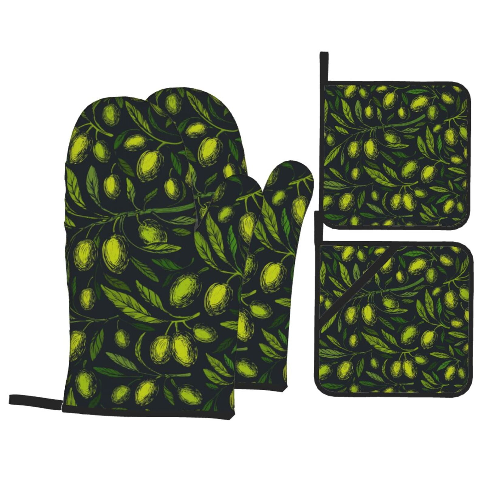 Oven Mitts and Pot Holders 4 Piece, Green Branch Olive High Heat Slip ...