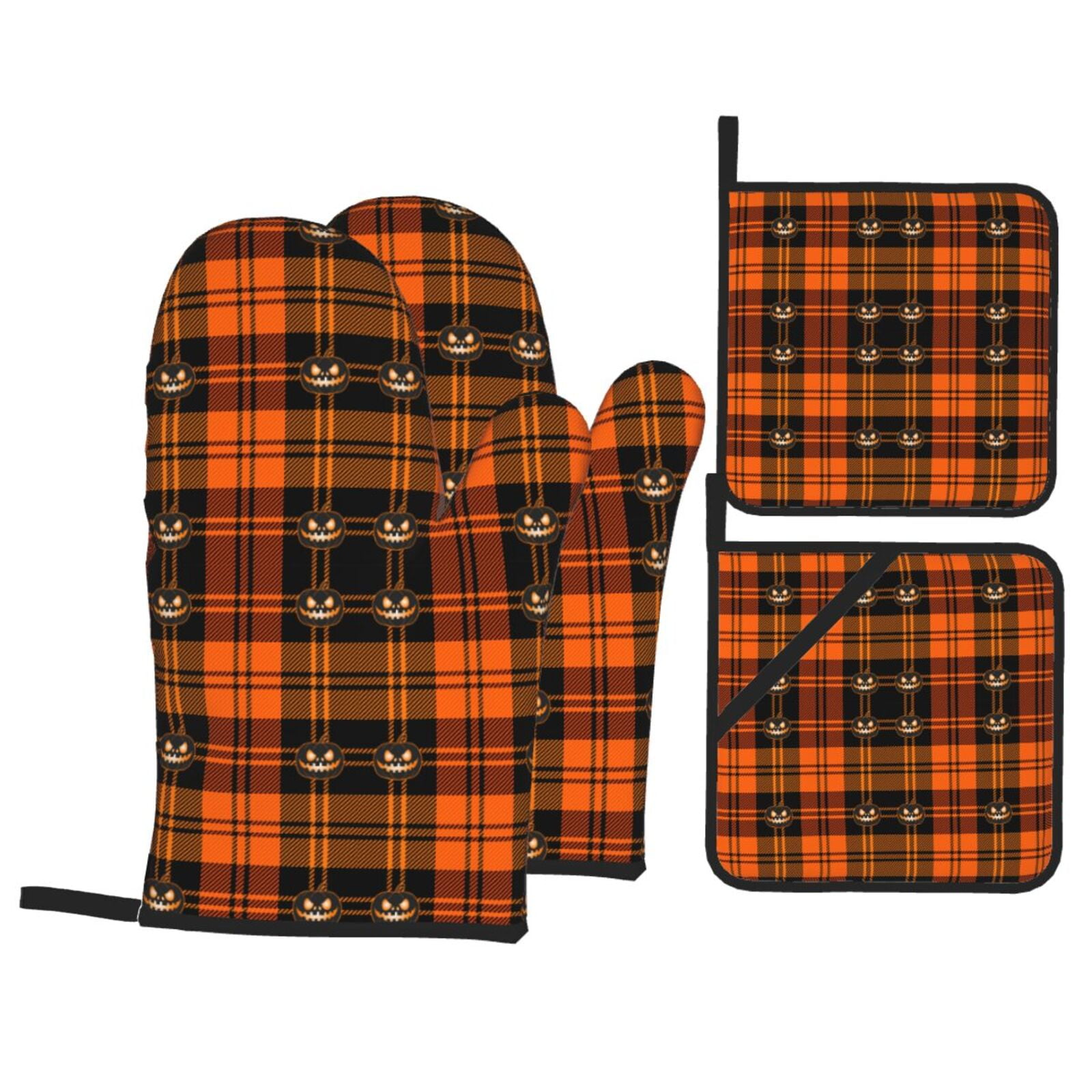 Oven Mitts and Pot Holders 4 Piece, Halloween Tartan Plaid High Heat ...