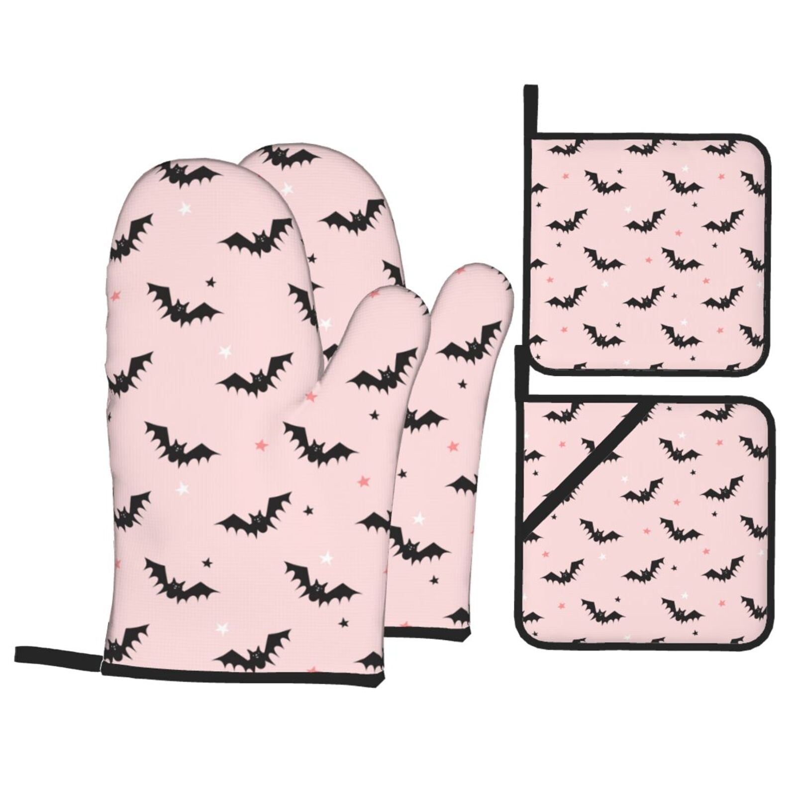 Oven Mitts and Pot Holders 4 Piece, Halloween black bats star pink High ...