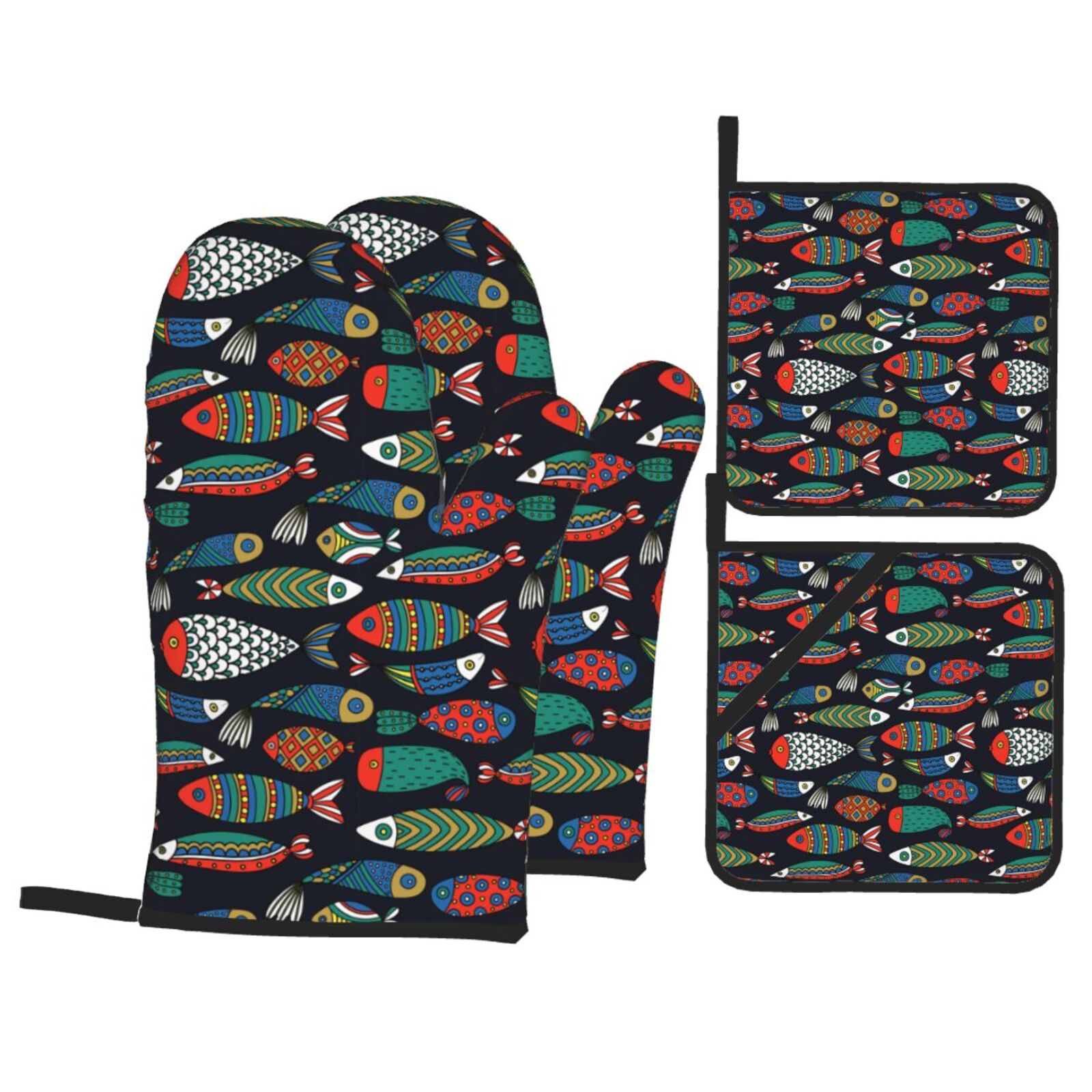 Oven Mitts and Pot Holders 4 Piece, Hand Drawn Colorful Fishes High ...
