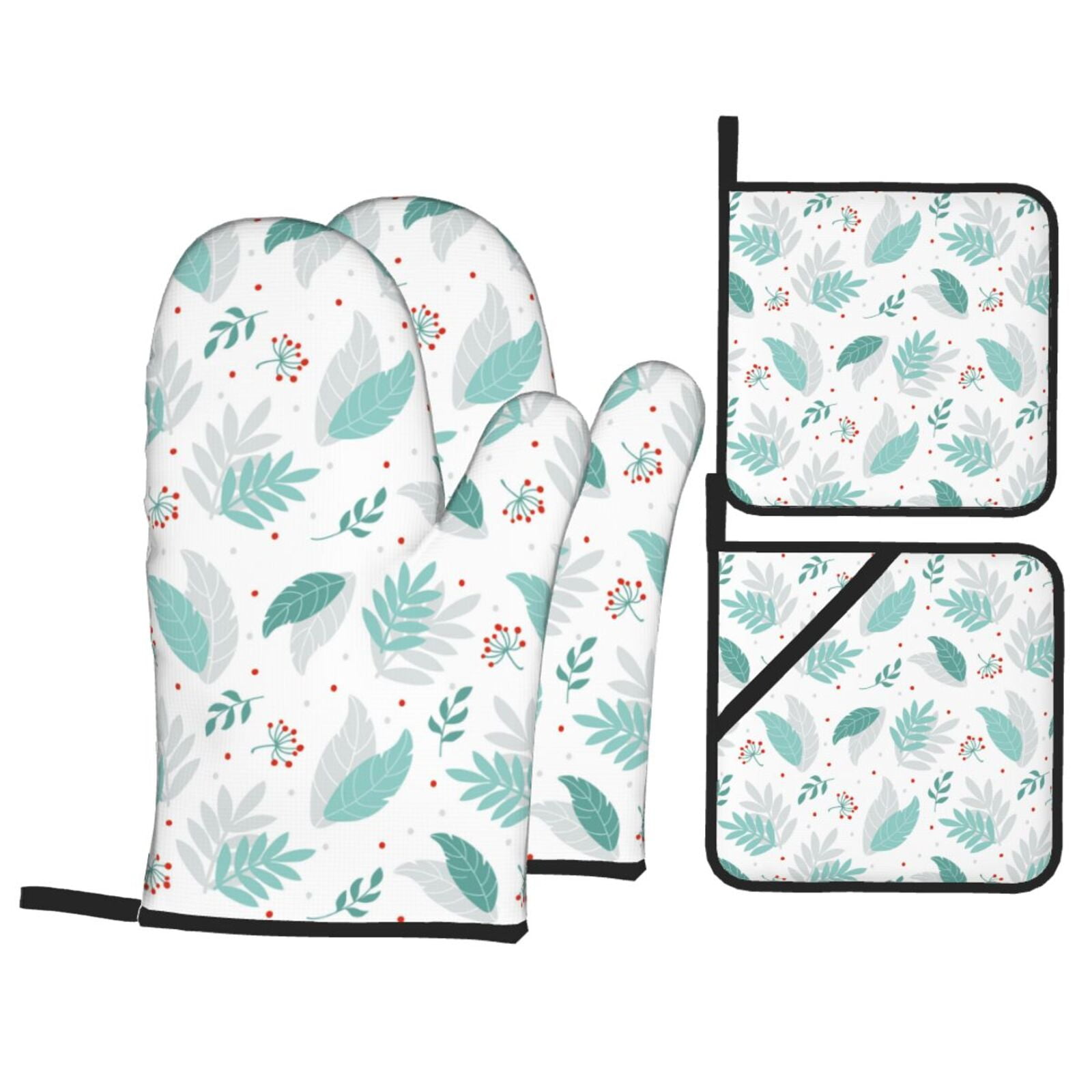 Oven Mitts and Pot Holders 4 Piece, Leaf print green High Heat Slip ...
