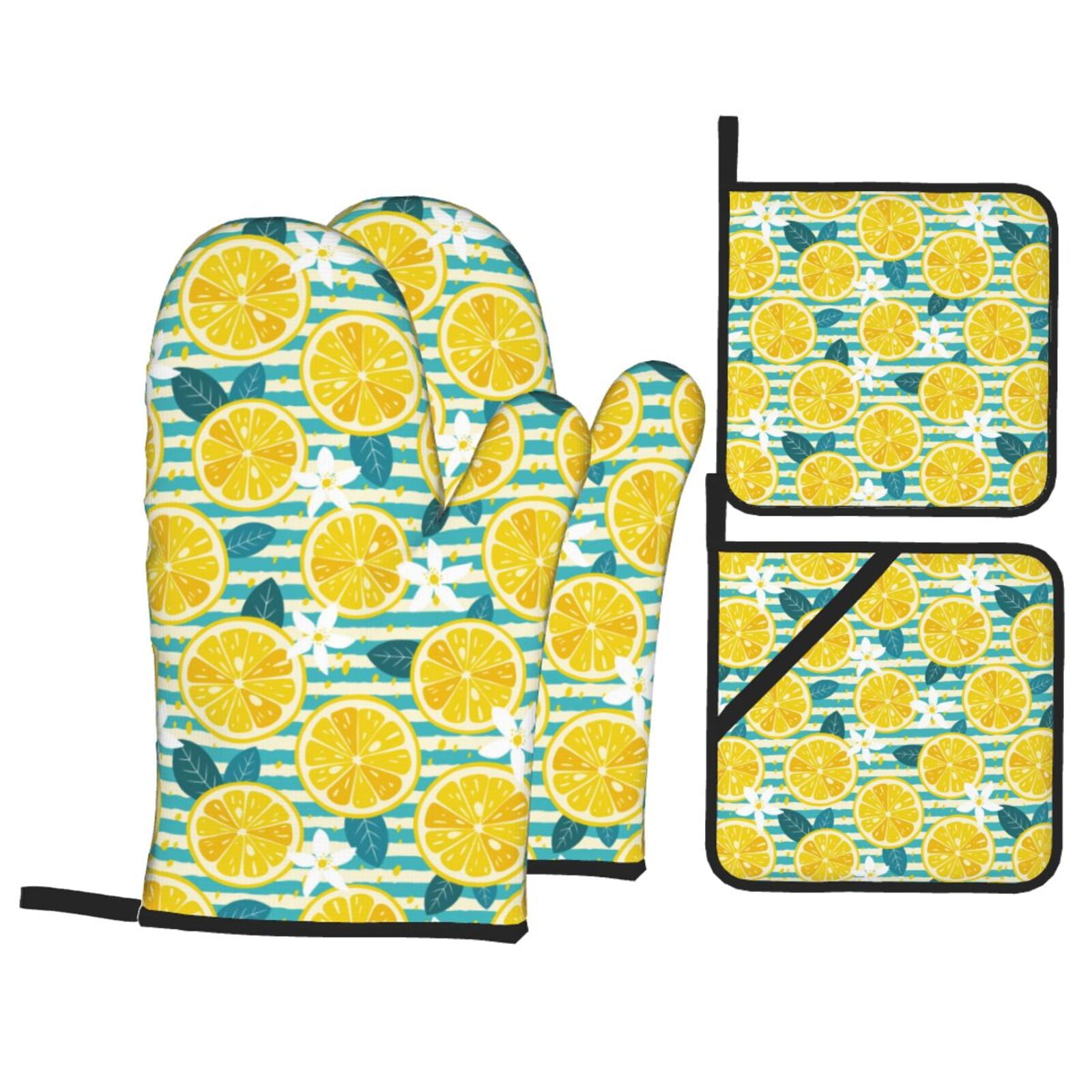 Oven Mitts and Pot Holders 4 Piece, Lemon flower High Heat Slip ...