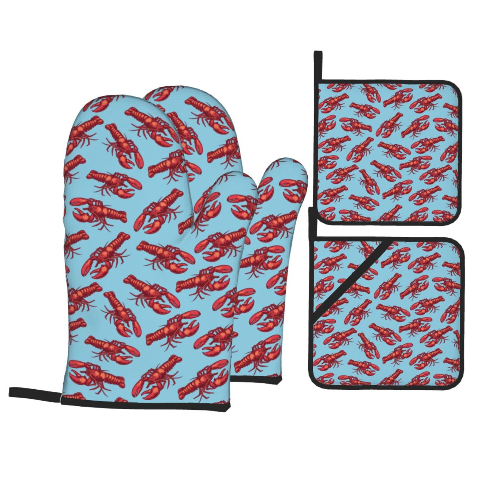 Oven Mitts and Pot Holders 4 Piece, Red Lobster Print Blue High Heat ...
