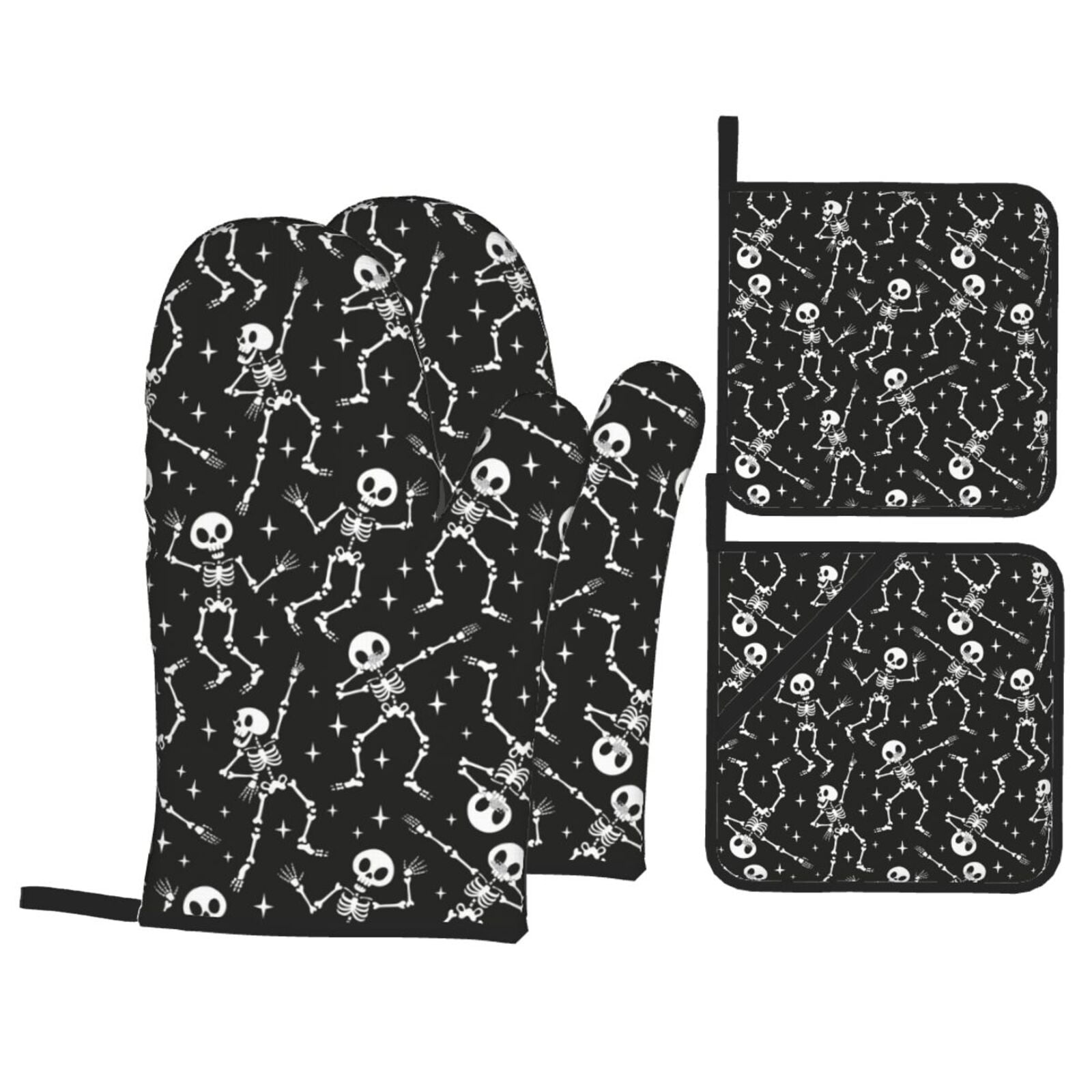 Oven Mitts and Pot Holders 4 Piece, Retro Skeleton Dancing On Halloween ...