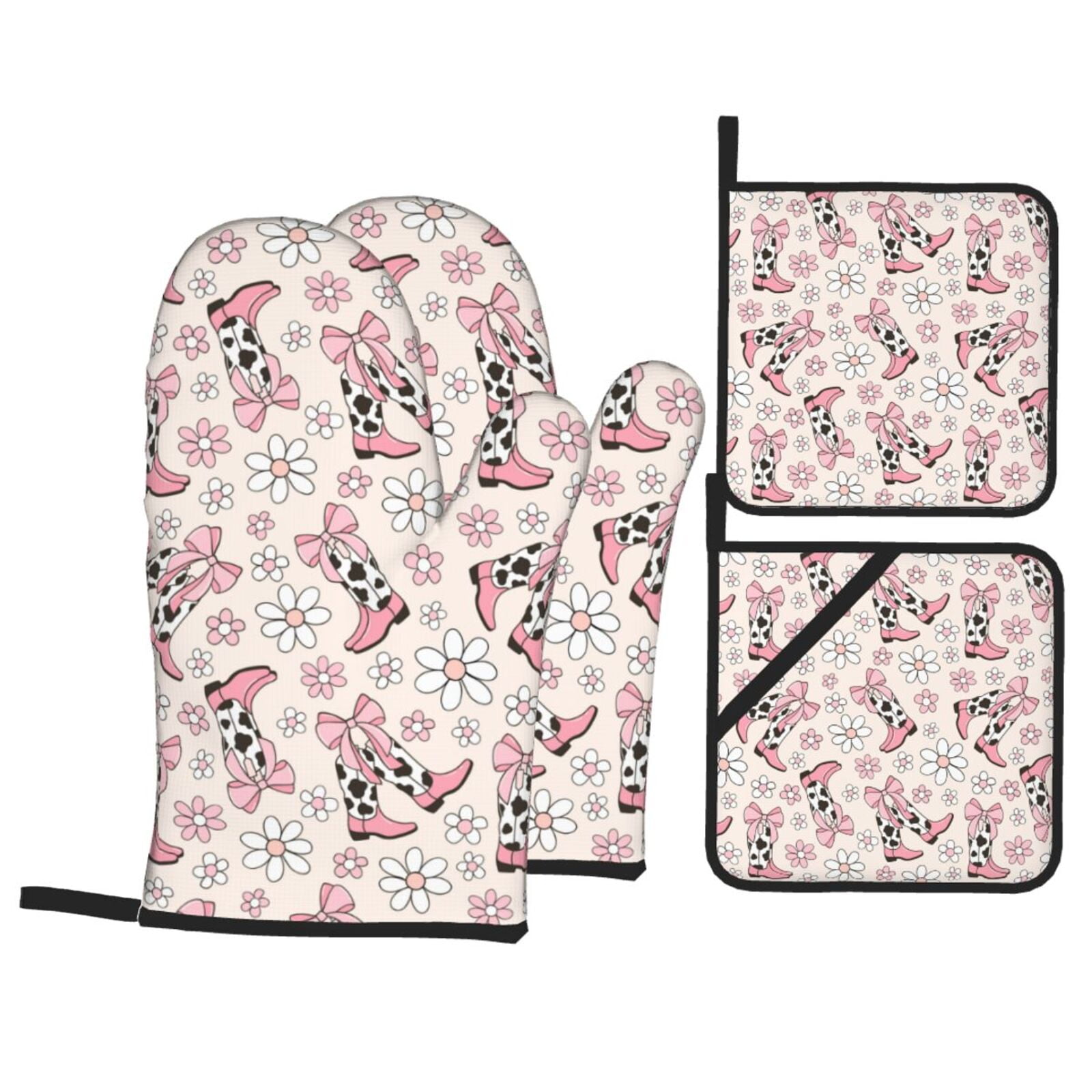 Oven Mitts and Pot Holders 4 Piece, Retro cowgirl boots flower pink ...