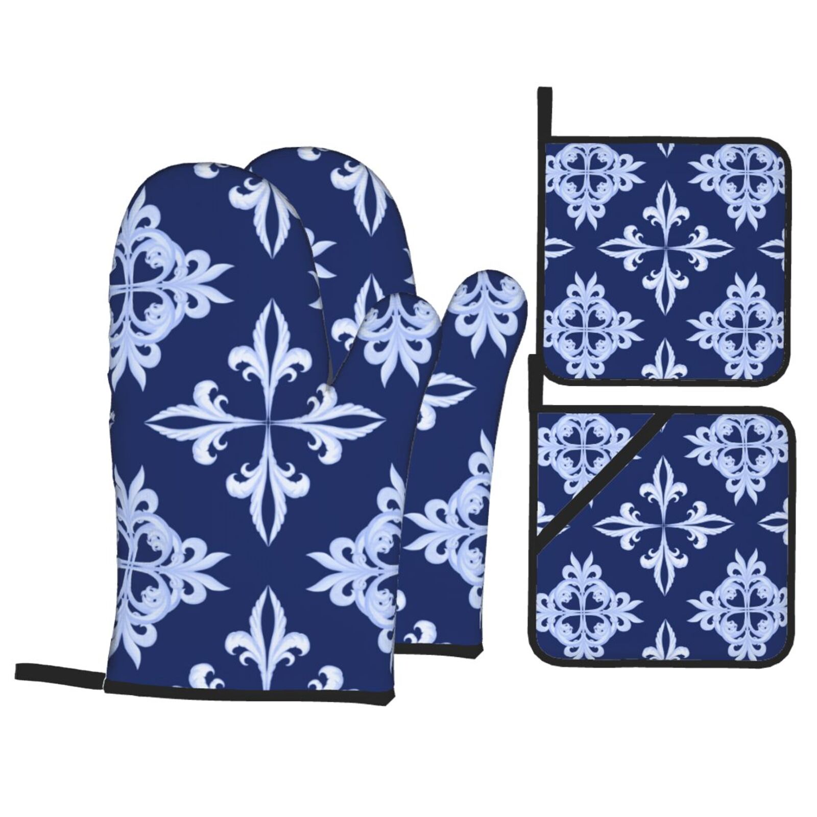 Oven Mitts And Pot Holders 4 Piece Sicilian Style Navyblue Print High
