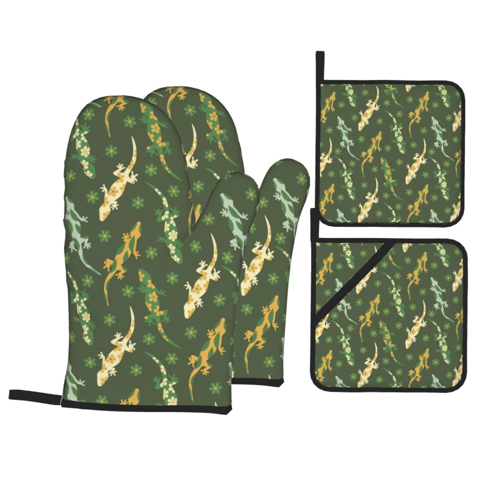 Oven Mitts and Pot Holders 4 Piece, Tropical Lizard Gecko Green High ...