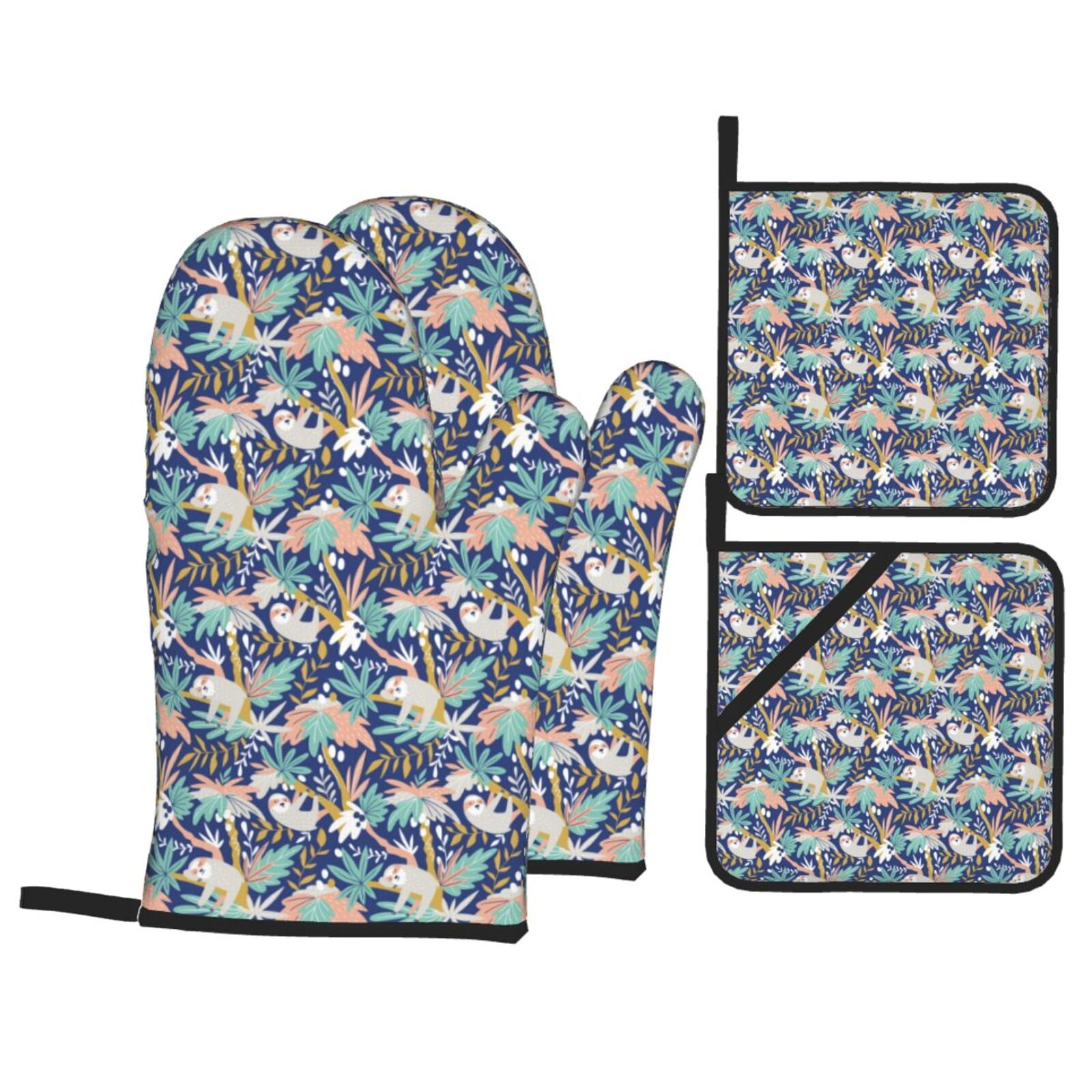 Oven Mitts and Pot Holders 4 Piece, Tropical sloth High Heat Slip ...
