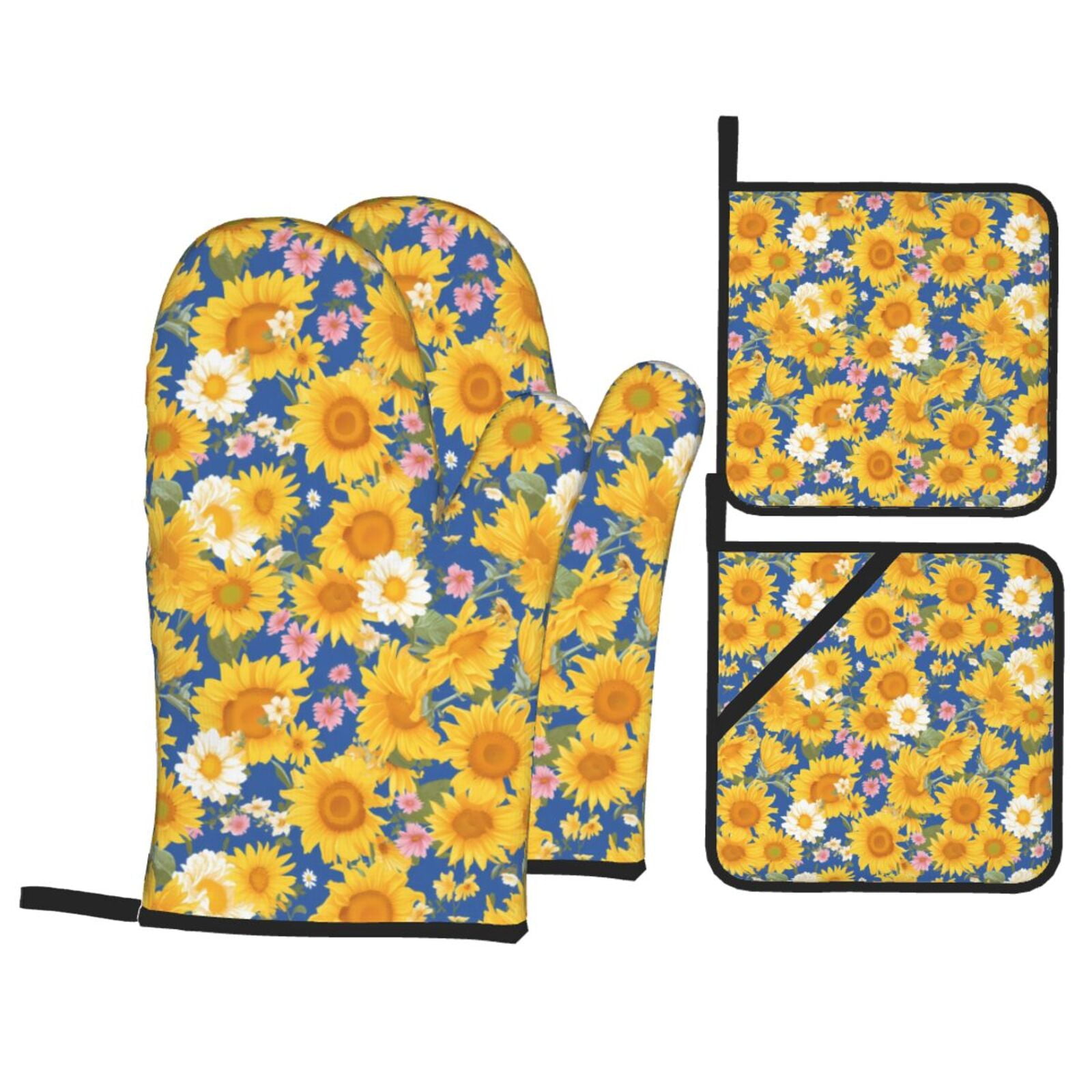 Oven Mitts and Pot Holders 4 Piece, Vintage White Yellow Sunflower High ...
