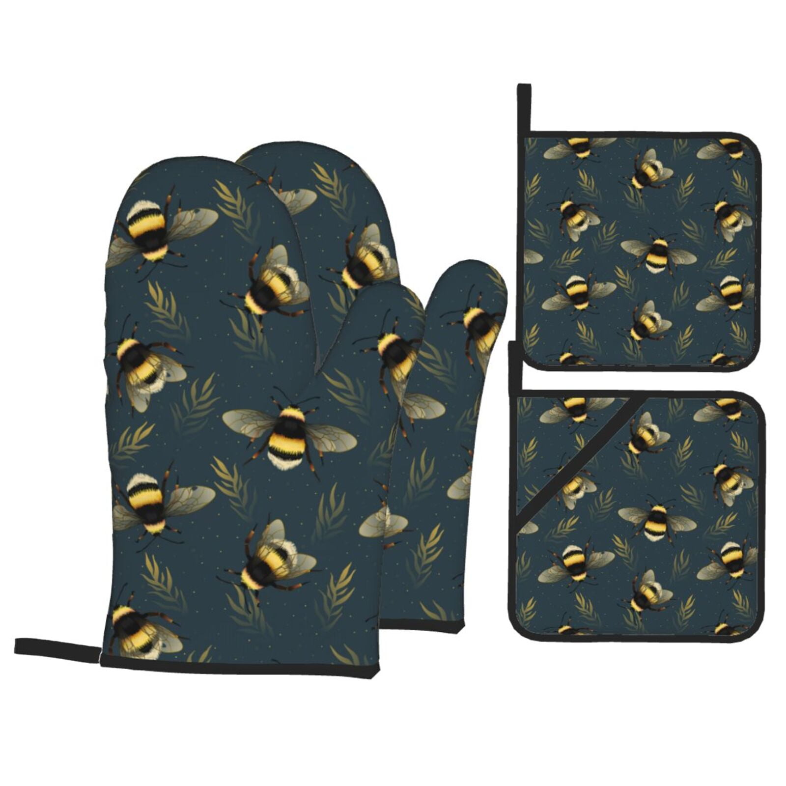 Oven Mitts and Pot Holders 4 Piece, cute bee leaves dark High Heat Slip ...
