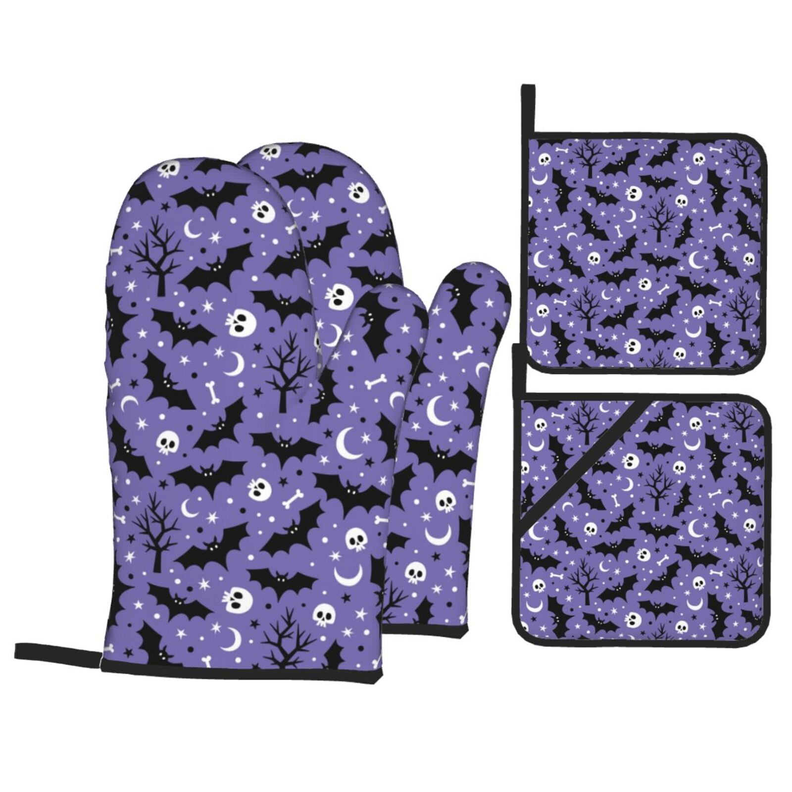 Oven Mitts and Pot Holders 4 Piece, halloween bat skull High Heat Slip ...