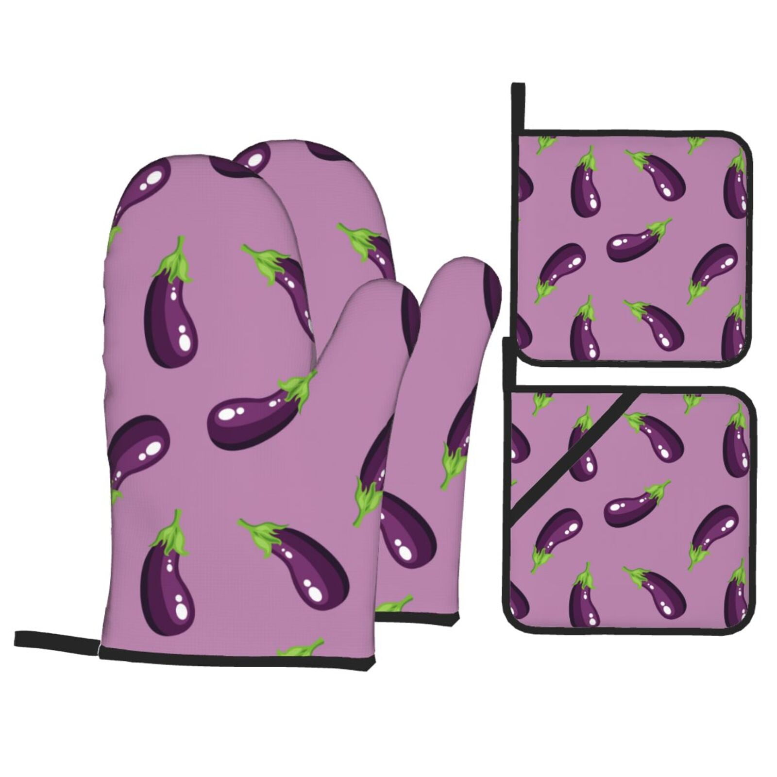 Oven Mitts and Pot Holders 4 Piece, purple Eggplant Pattern High Heat ...