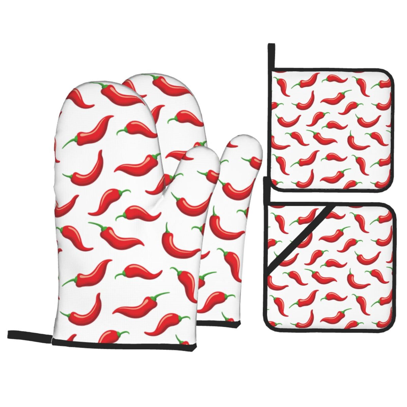 Oven Mitts and Pot Holders 4 Piece, red Chili Pepper pattern High Heat ...