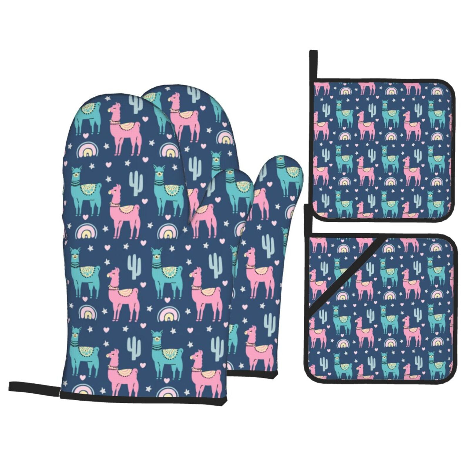 Oven Mitts And Pot Holders 4 Piece сute Lamas Cactus Rainbow Navyblue