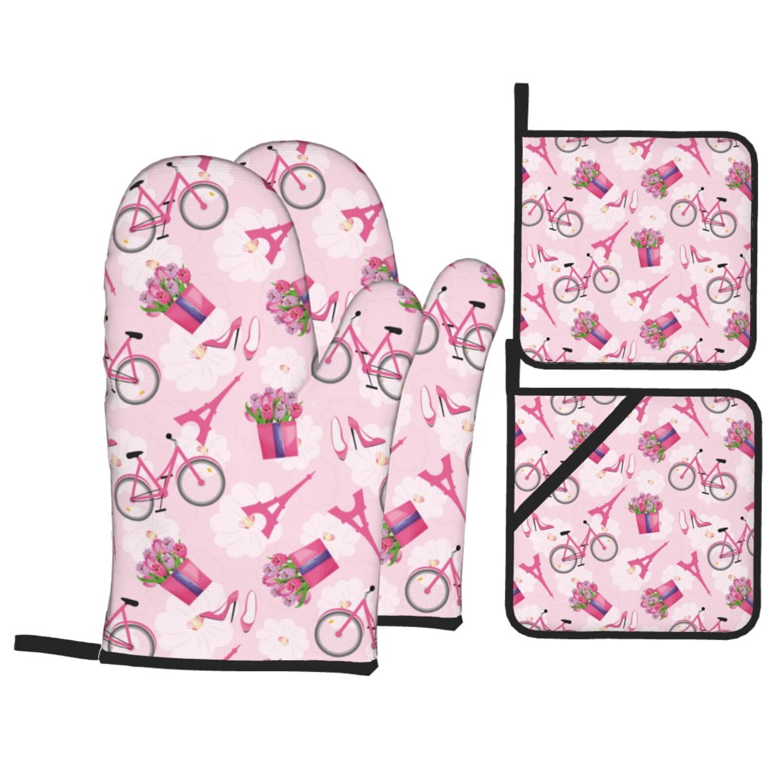 Oven Mitts and Pot Holders 4 pcs Set, Tower flower pink Heat Resistant ...