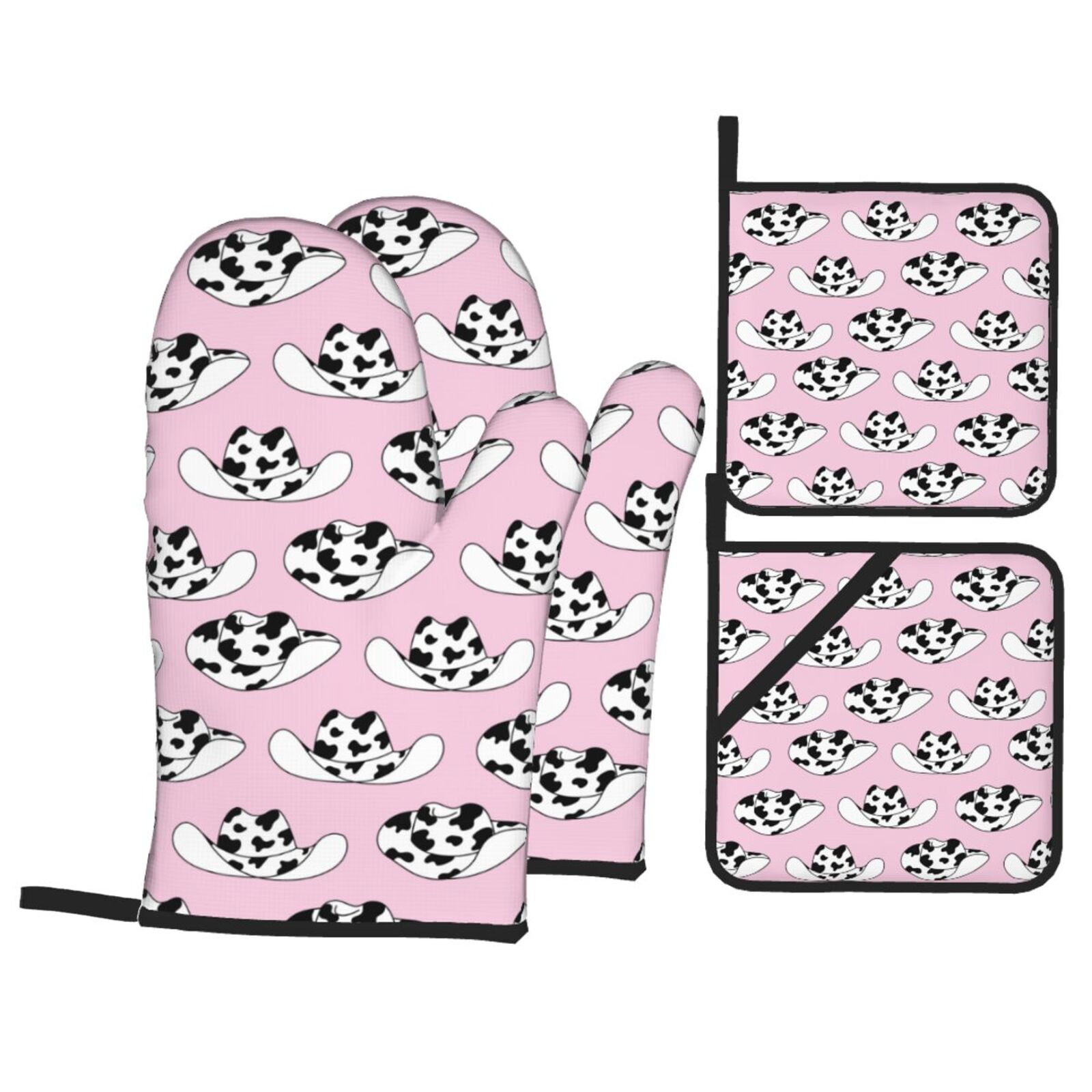 Oven Mitts and Pot Holders Sets 4 pcs - Cartoon Cow Print Cowboy Hat ...