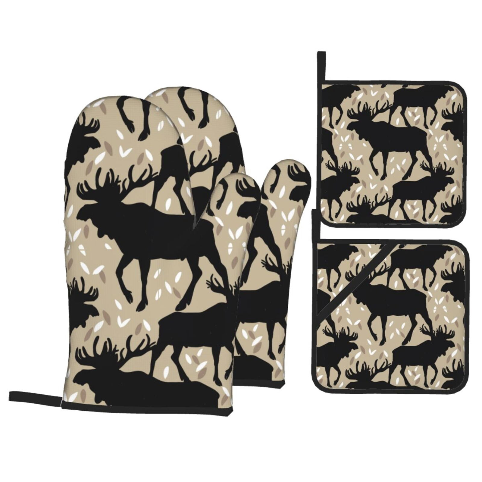 Oven Mitts and Pot Holders Sets 4 pcs - Moose antlers elk vintage Heat ...