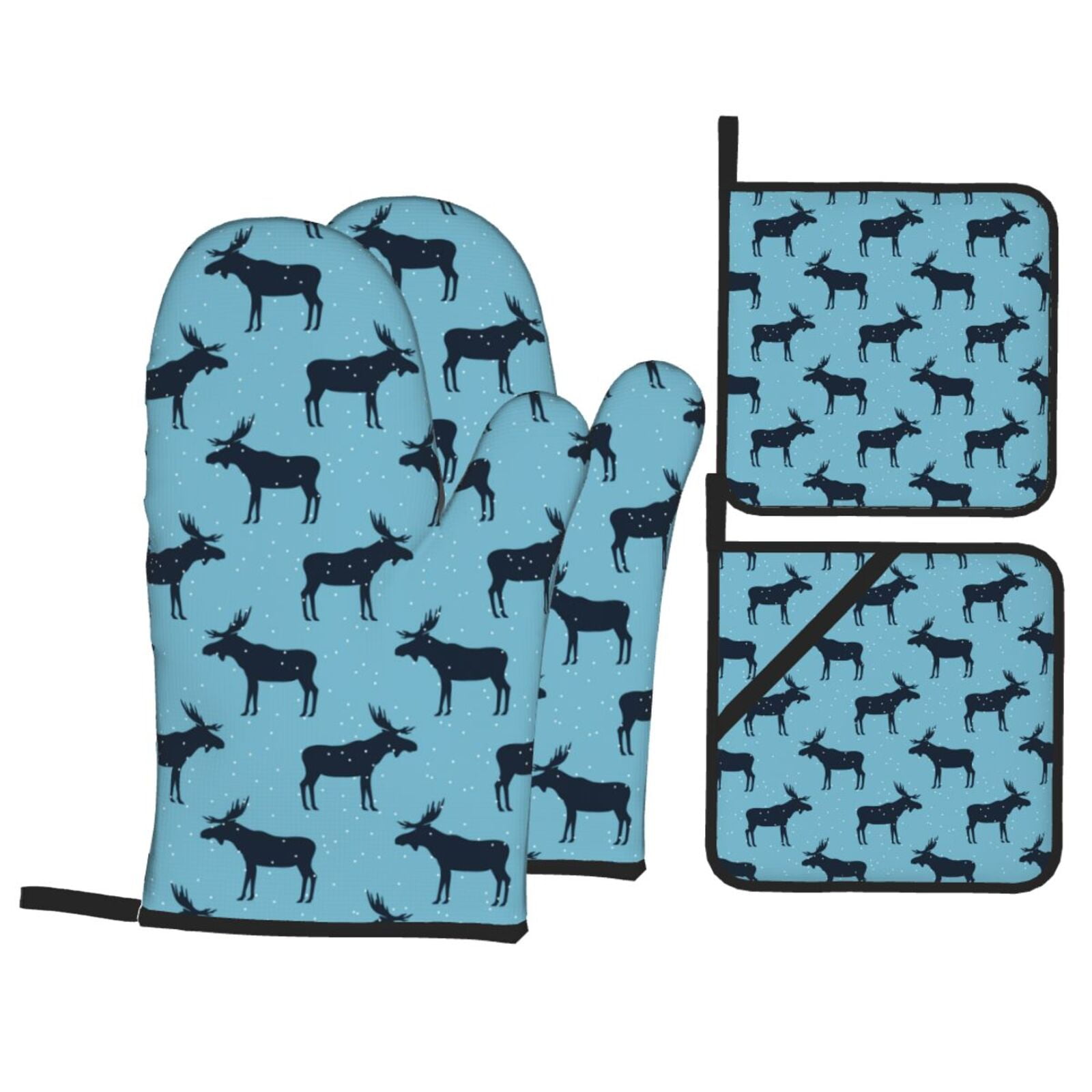 Oven Mitts and Pot Holders Sets 4 pcs - winter moose elk snow blue Heat ...