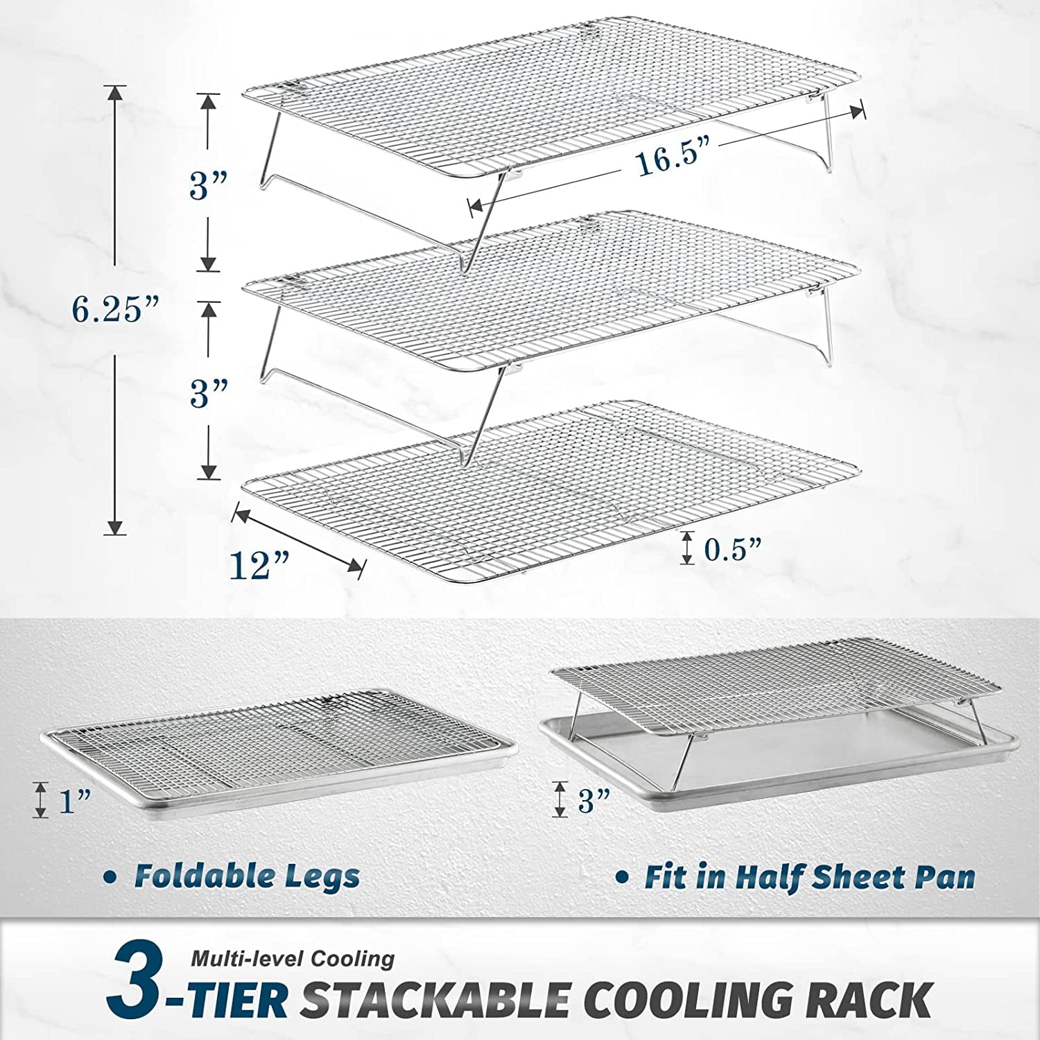 Oven-Salf Collapsible Cooling Rack for Baking, 3 Tier 12”x 16.5 ...