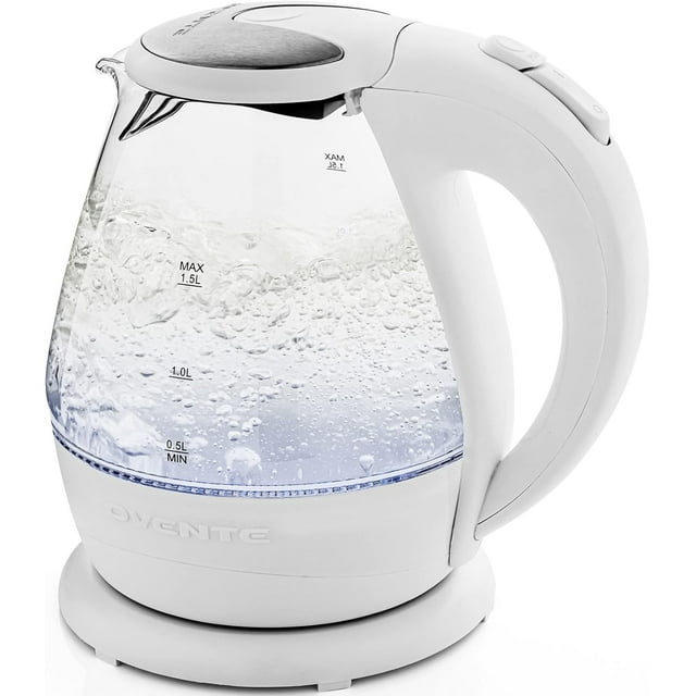 Ovente Lighted Electric Glass Kettle 1.5 L with Blue LED Lights, White ...