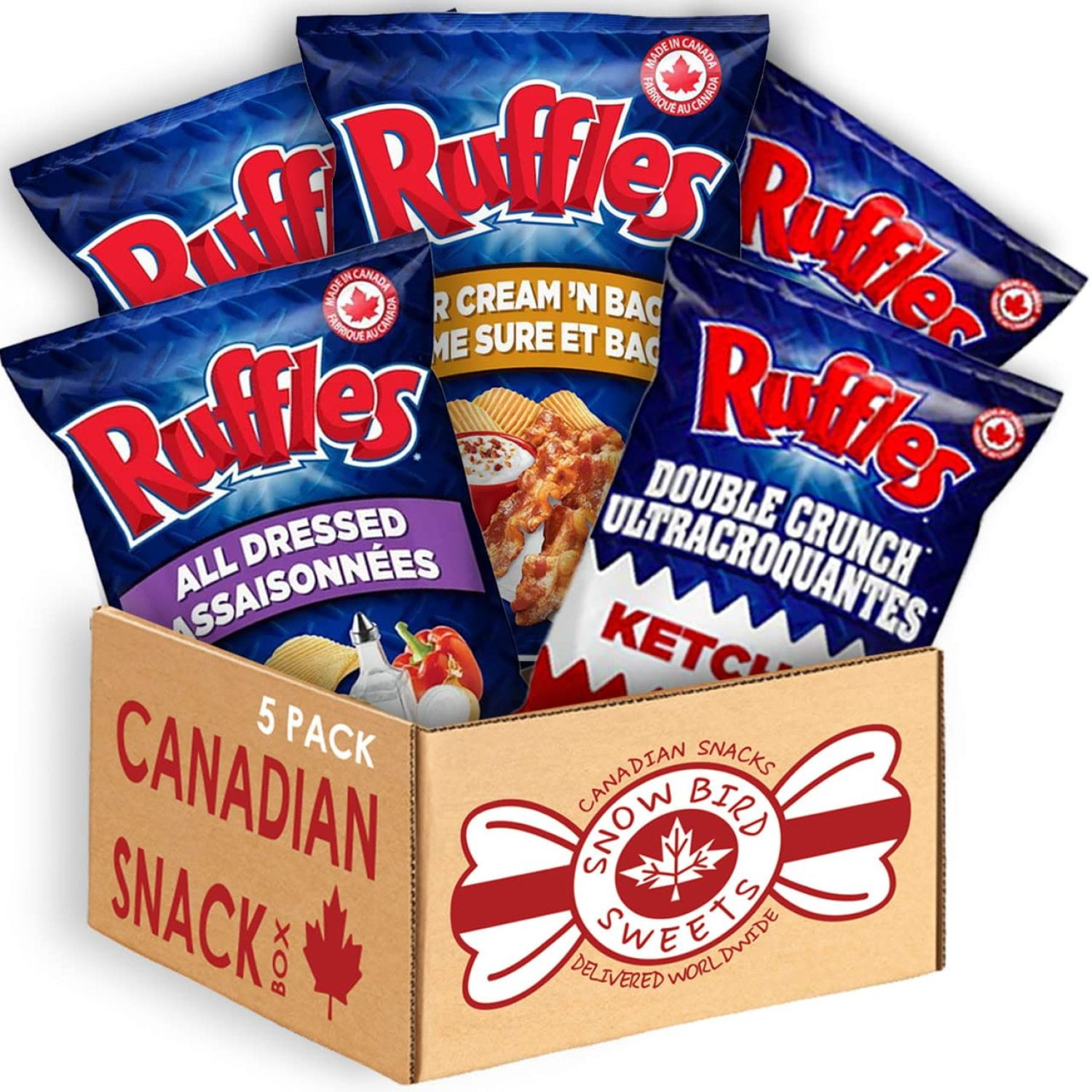 Over 2lbs of Canadian Ruffles chips (2x All Dressed, 1x BBq, 1x Ketchup ...