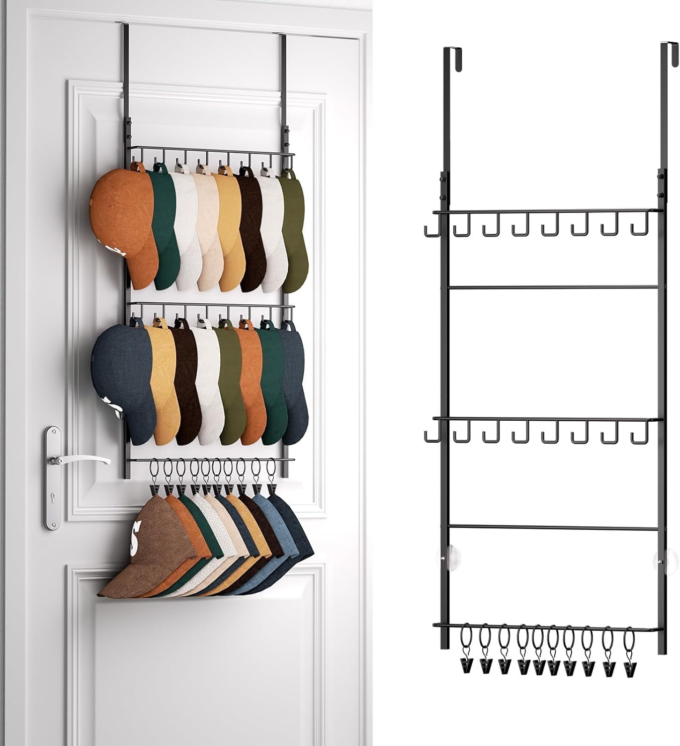 Over Door Hat Rack - 3 Tier Wall Mounted Hat Holder with 18 Hooks and ...