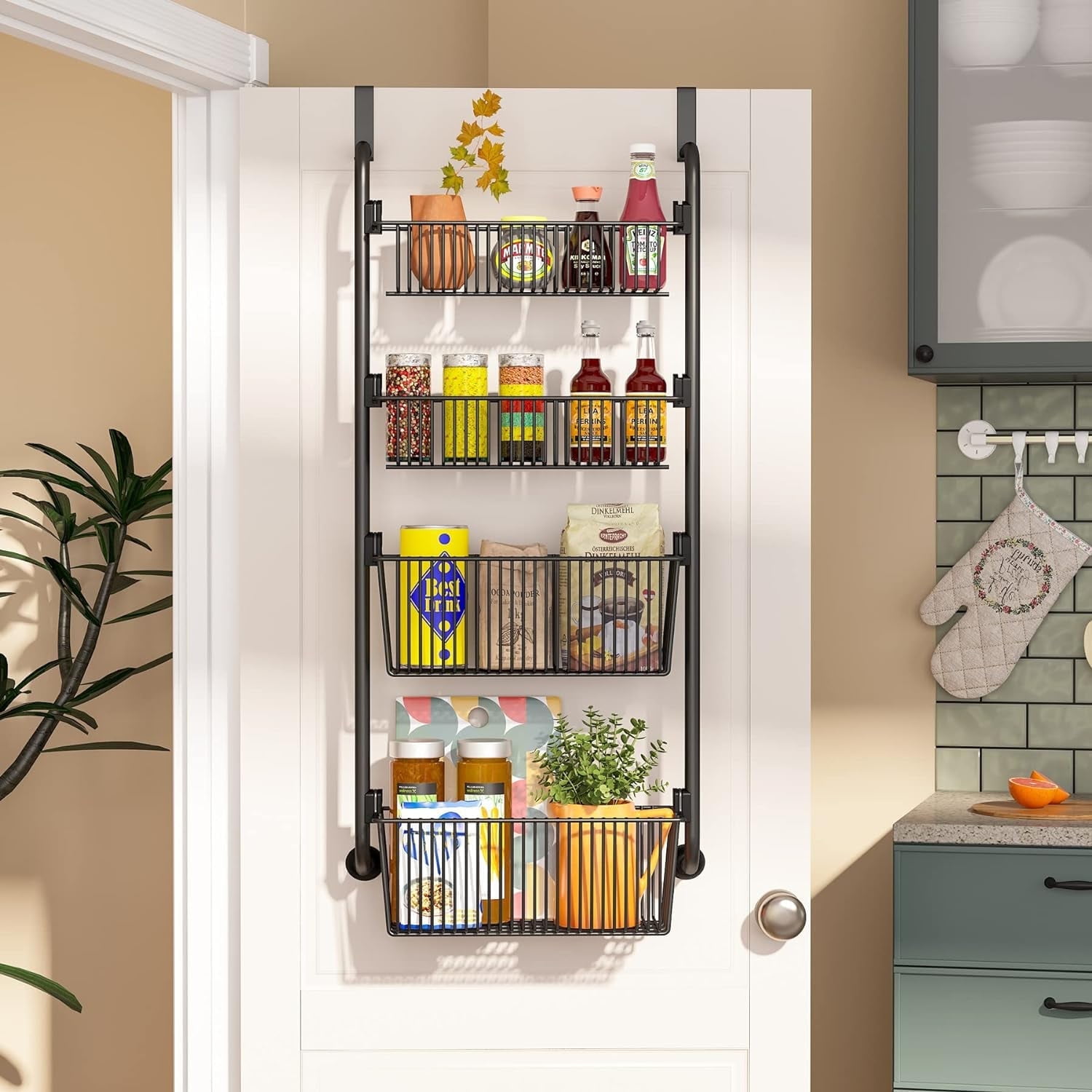ZRSDIXKI Over the Door Pantry Organizer, 4 Tier Metal Shelves Holder w ...
