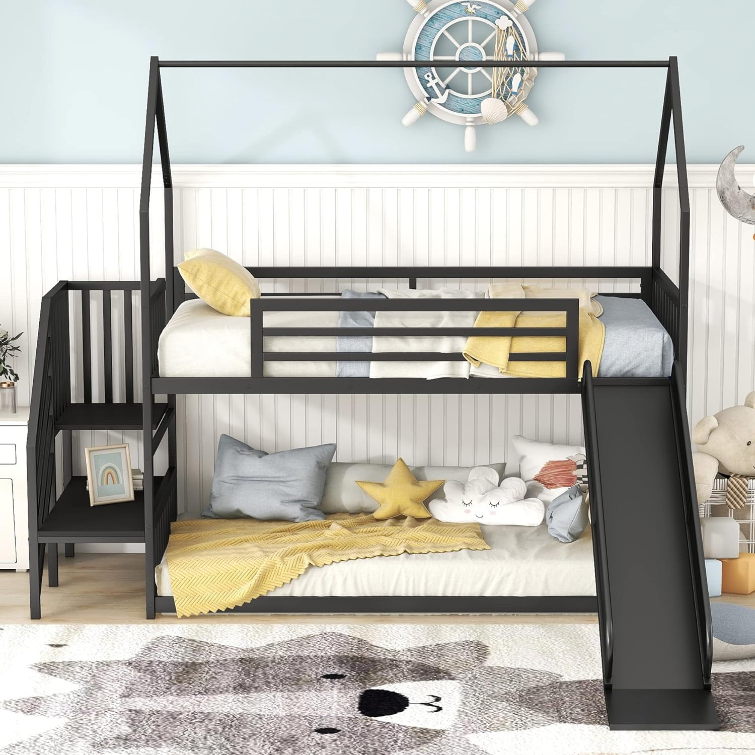 Over Metal Bunk Bed With Slide And Stairs, Low Bunk House Bed For Kids ...