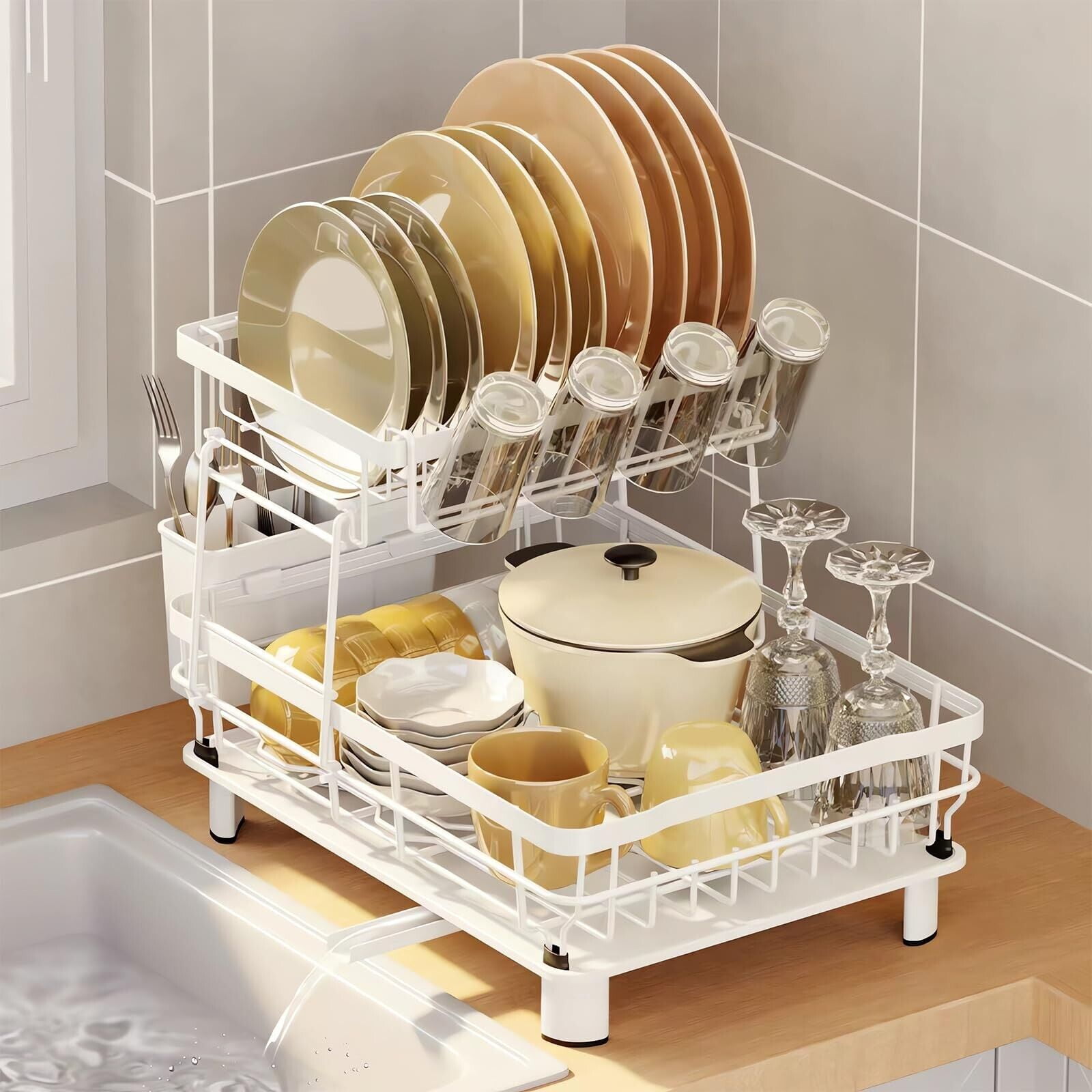 Over Sink Dish Drying Rack 2-Tier Stainless Steel Kitchen Shelf Cutlery ...