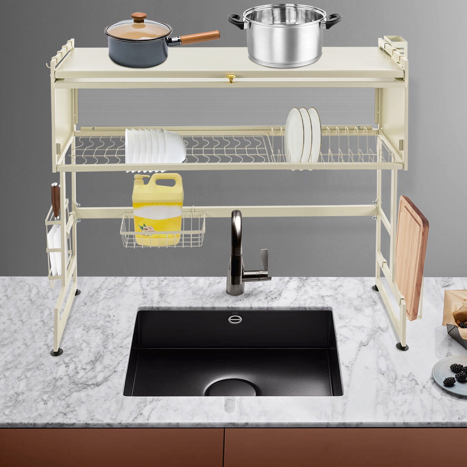 Over Sink Dish Drying Rack with Cover 2 Tier Large Storage Kitchen Sink ...