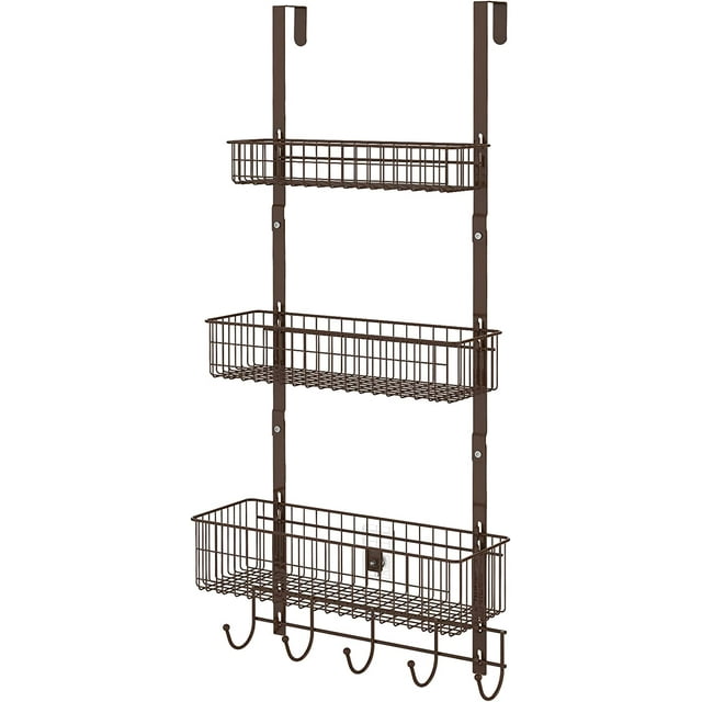 Over The Door Hanging Organizer Rack with 3 Mesh Baskets 5 Hooks, Brown ...