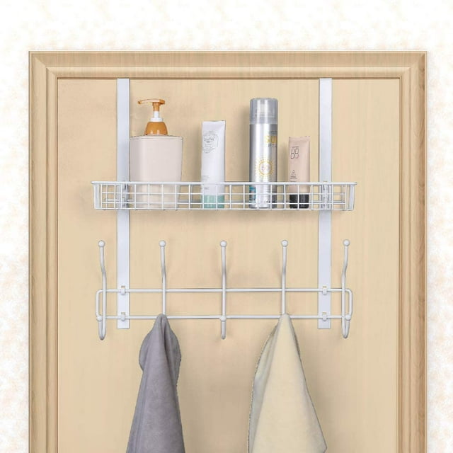Over The Door Hook Hanger with Mesh Basket, Bathroom Towel Hanging Rack ...