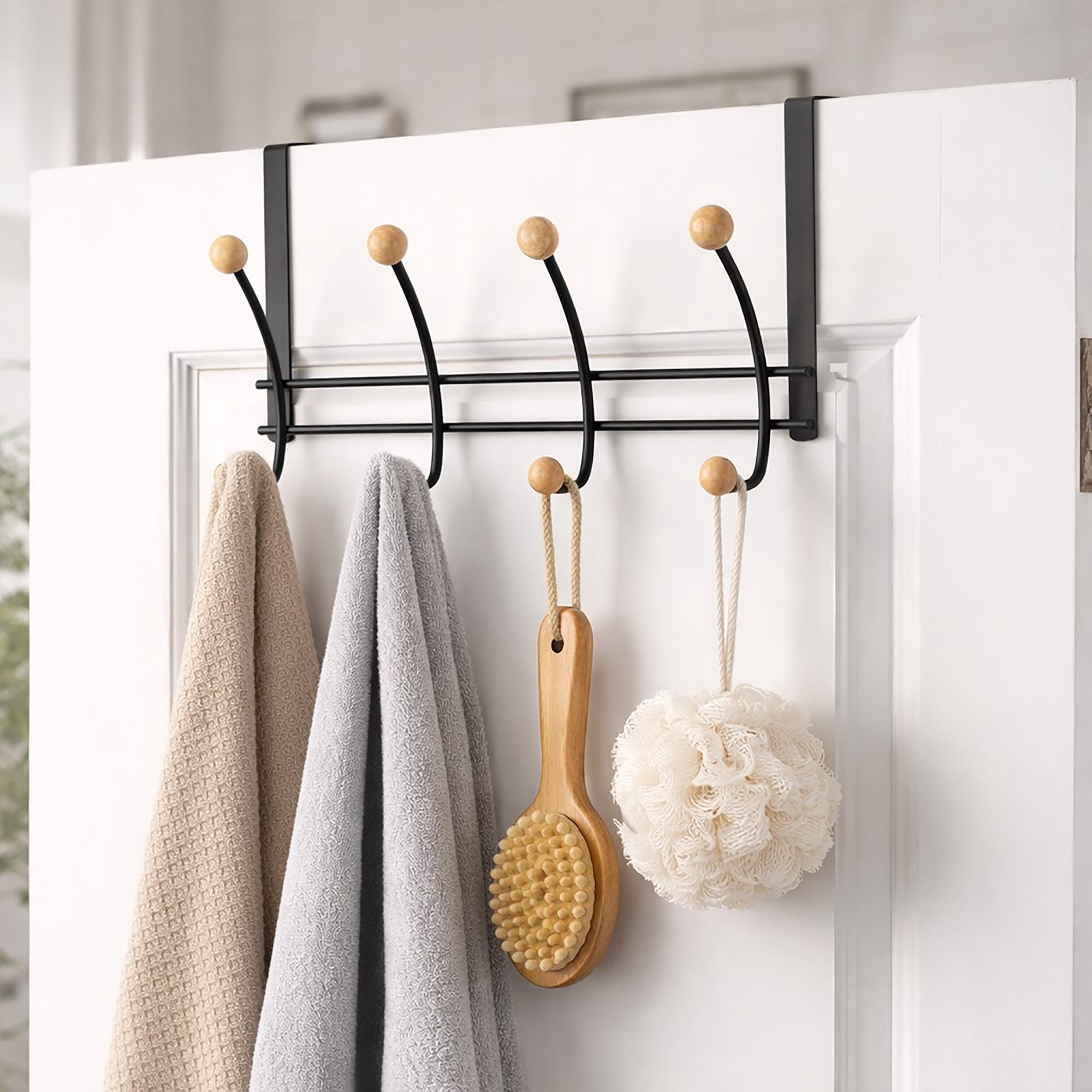 Over The Door Hook Rack Black Finish with 8 Natural Wooden Ball Ends ...